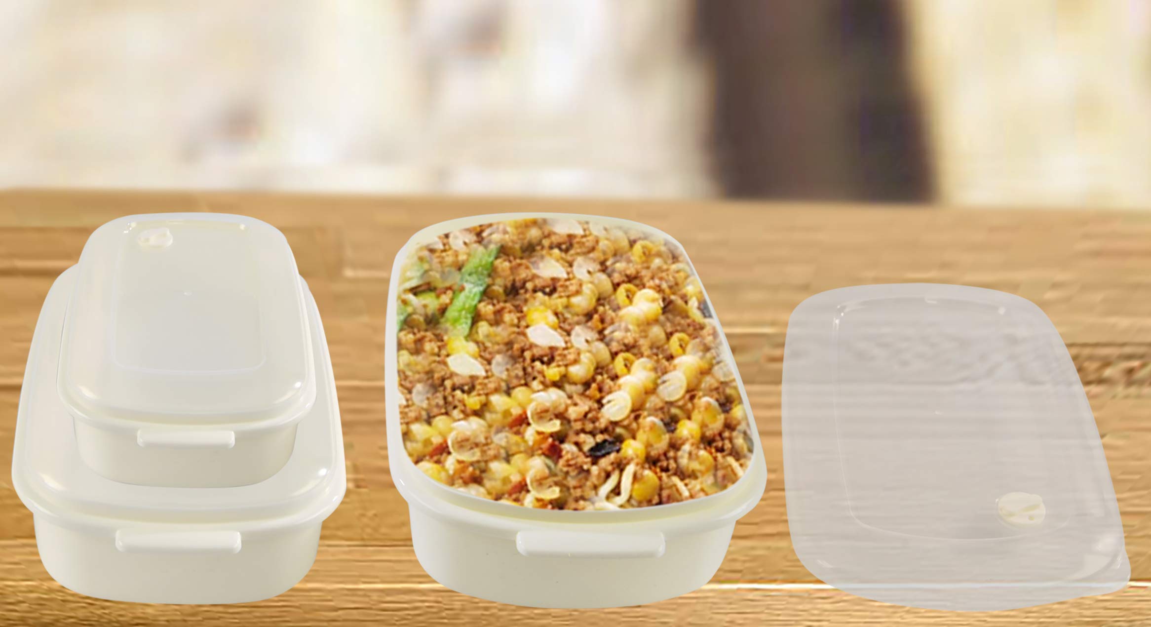 Home-X Rectangle Food Storage Containers, Microwave Cookware, Easy Storage β 21 oz / 27 oz / 81 oz Capacity - Set of 3 β Cream