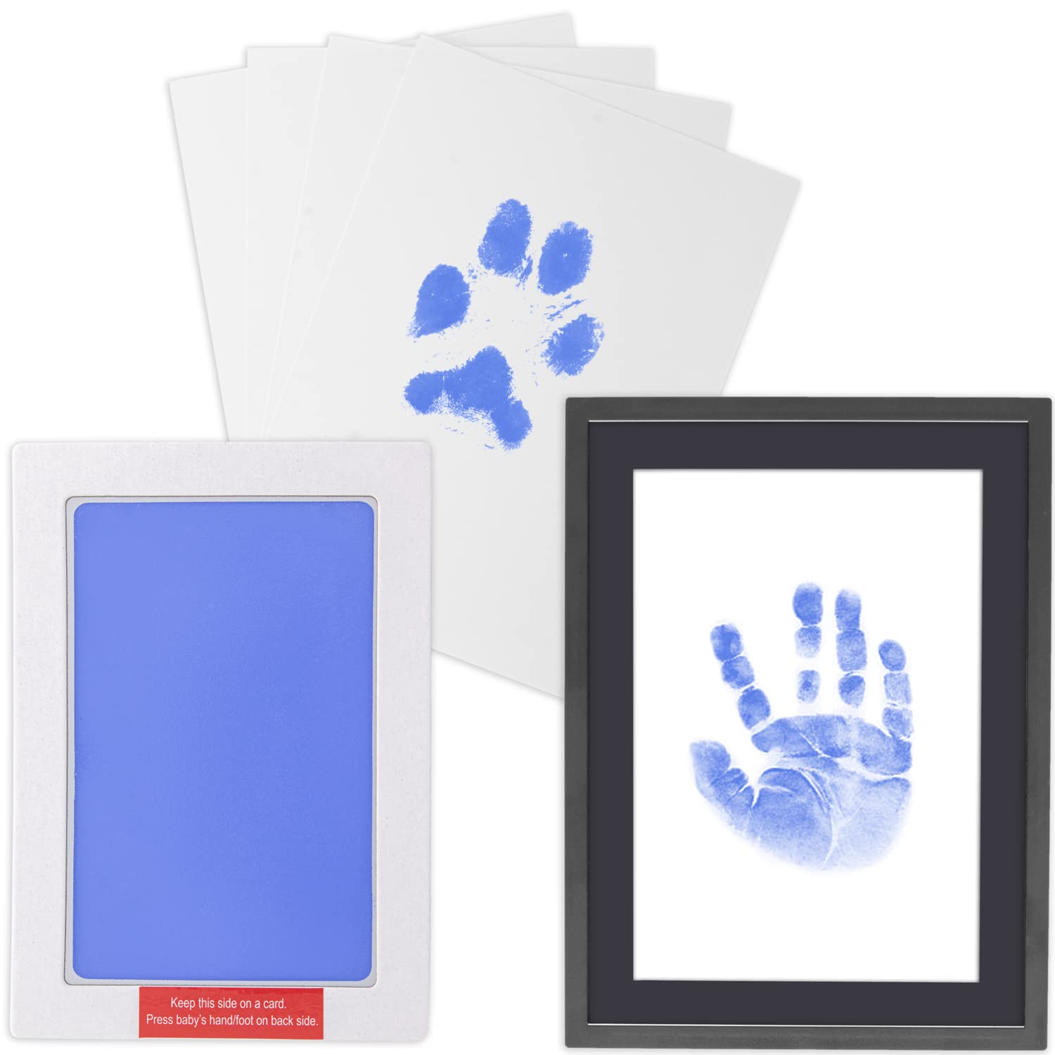 Large Baby Handprint or Footprint Clean-Touch Ink Pad with Picture Frame Kit and Imprint Cards (Blue)