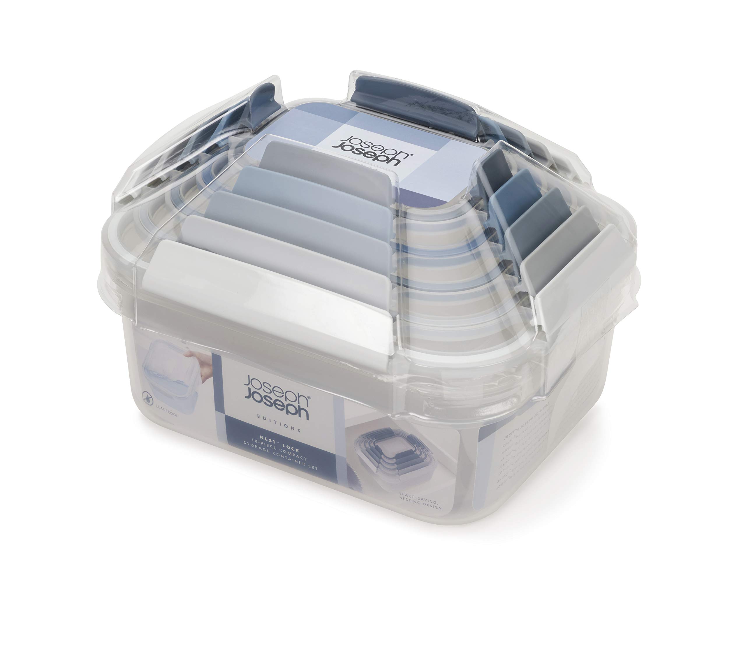 Joseph Joseph Nest Lock Plastic BPA Free Food Storage Container Set with Lockable Airtight Leakproof Lids, 10-Piece, Sky