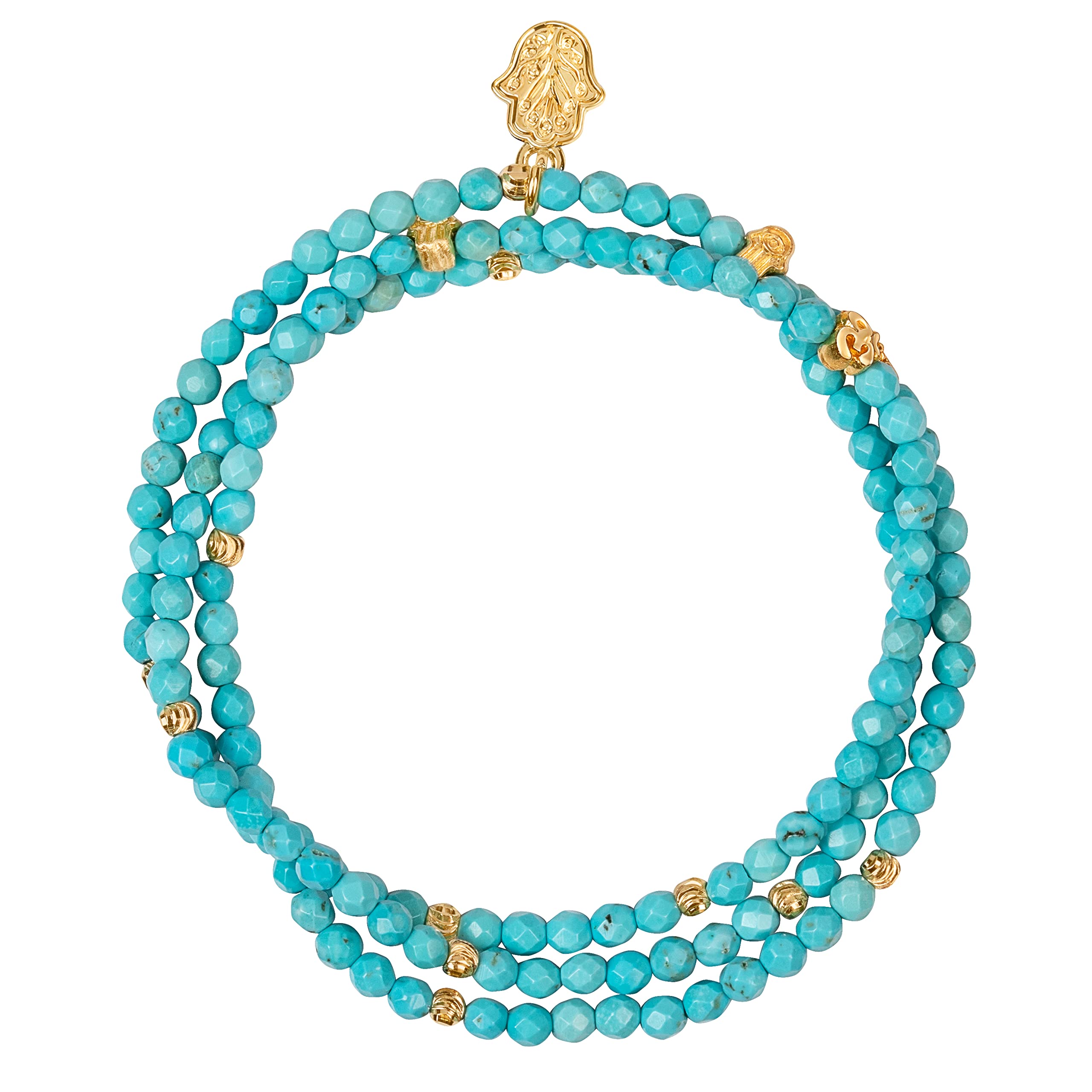 KARMA AND LUCK - Blessed Tranquility - Women's Real Turquoise Stone 18K Gold Plated Multi Symbol Hamsa Hand OM Charm Adjustable Wrap Bracelet - Ready to gift for her