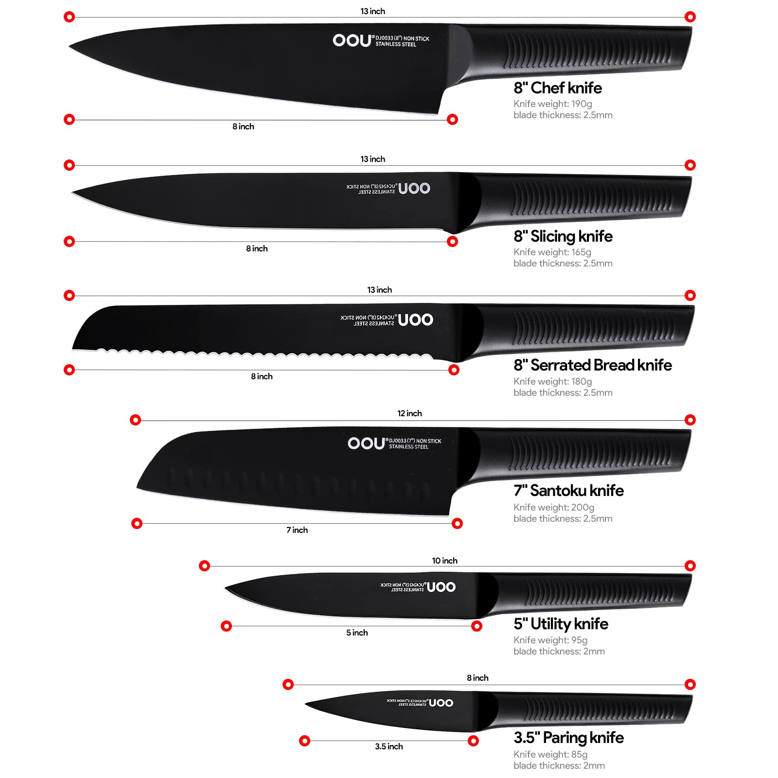 Kitchen Knife Set - OOU 6 pieces Professional Stainless Steel knife set, Dishwasher Safe Kitchen Knives - Ultra Sharp Chef Knife Set for Kitchen, Ergonomic Handle, Elegant Black