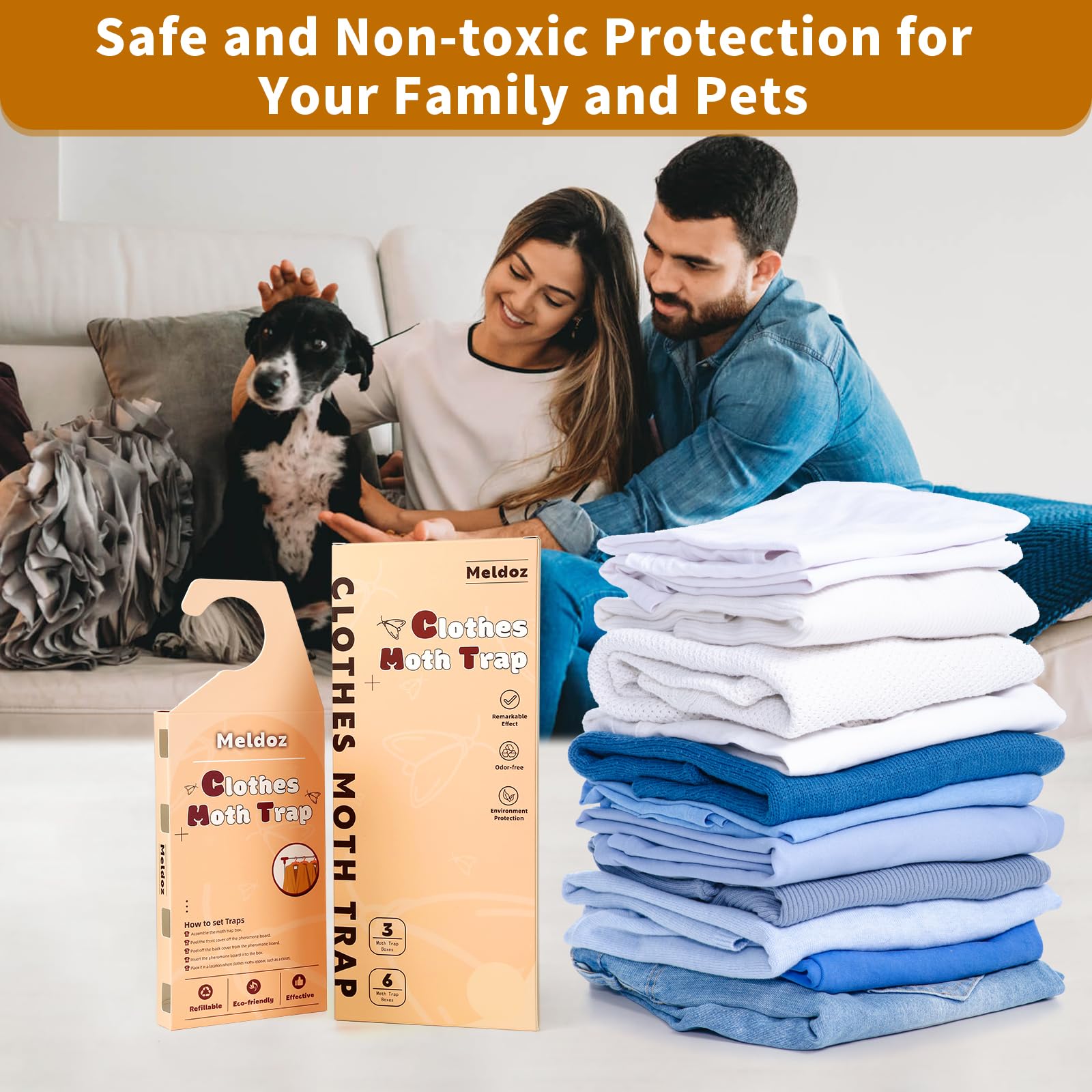 Meldoz Clothes Moth Traps with Powerful Pheromones, Non-Toxic & Odor-Free Sticky Moth Traps for Clothes & Closets, Refillable 6-Pack