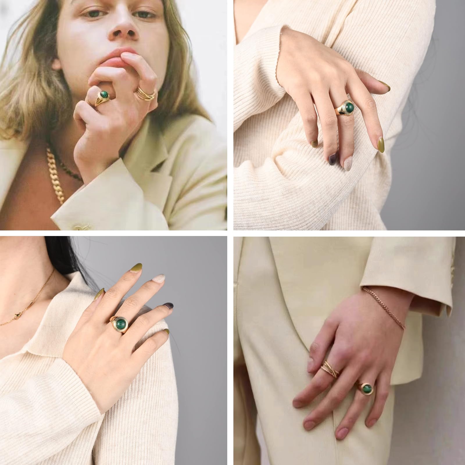 JINEAR 14K Gold Plated Round Malachite Band Ring for Women and Men Green Gemstone Stackable Bulky Thumb Statement Ring