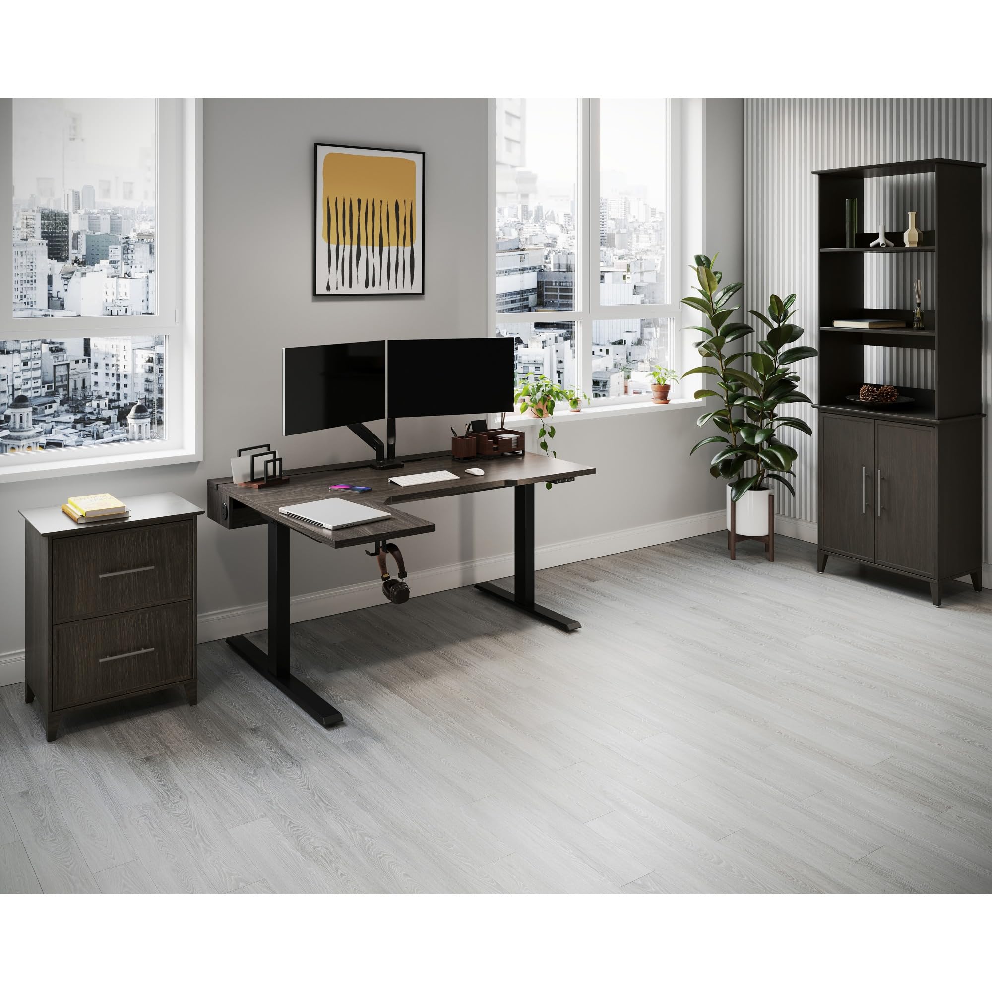 RealspaceĀ® Koru Electric 59"W L-Shaped Height-Adjustable Standing Desk with Integrated Power & Charging, Espresso Oak
