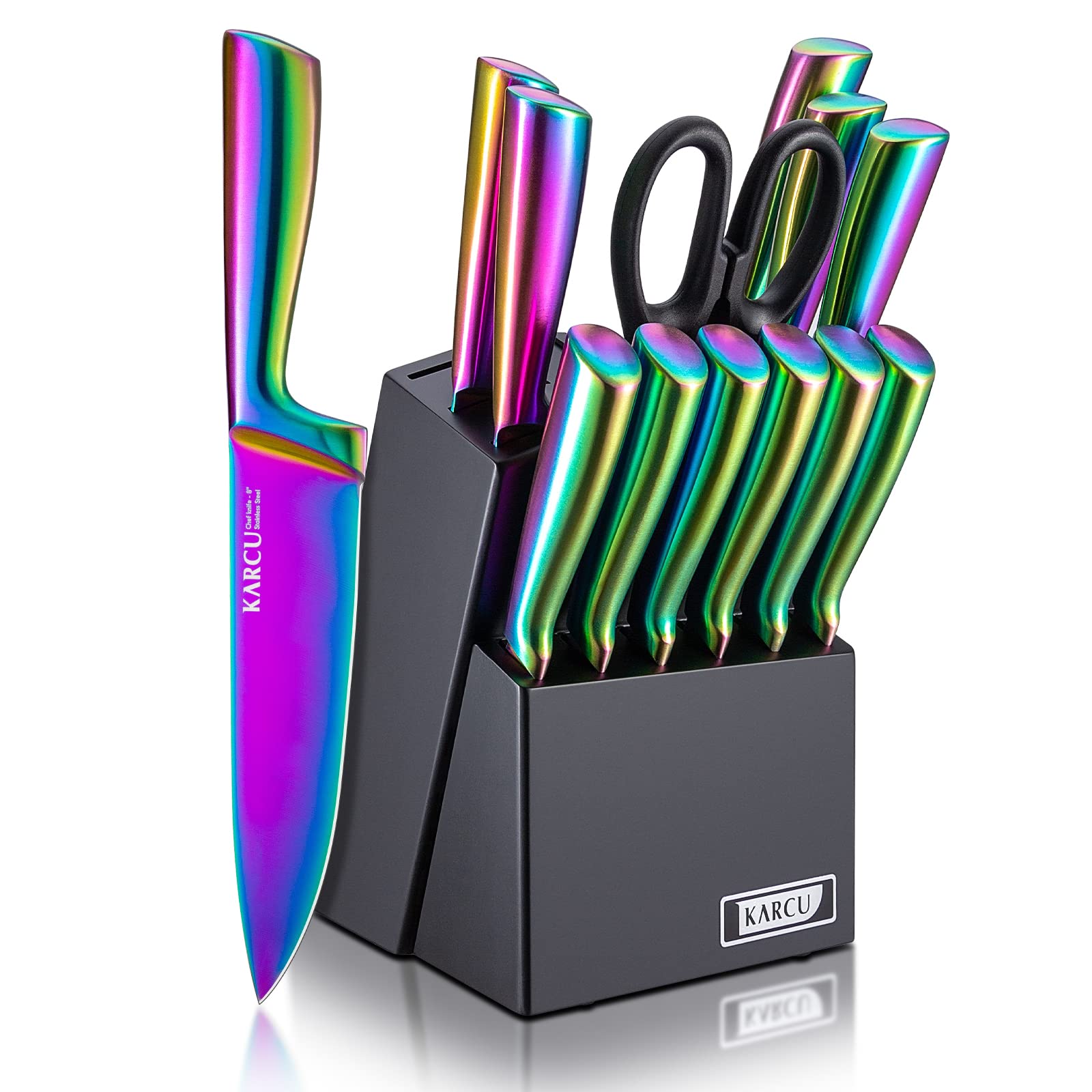Knife Set, 14piece Karcu Kitchen Knife Block Set, Rainbow German Steel Kitchen Knives Set with Wooden Block, Chef's Knife Block Set with Scissors