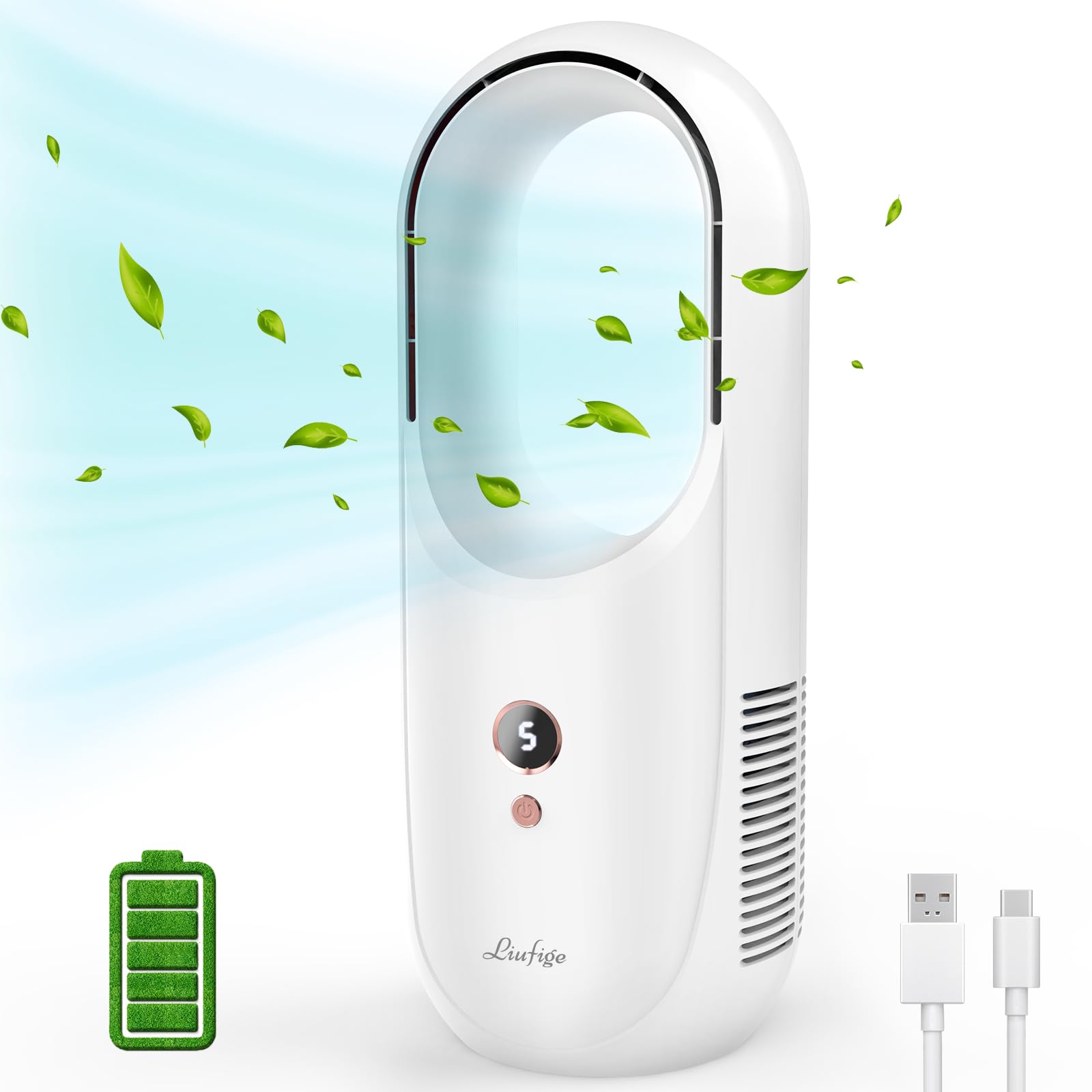 Liufige Desk Fan Bladeless,quiet small desk fan 6000mAh Battery Operated with 6 Modes,LED Display,13.8-Inch Table Fans for Bedroom Home Office Outdoor