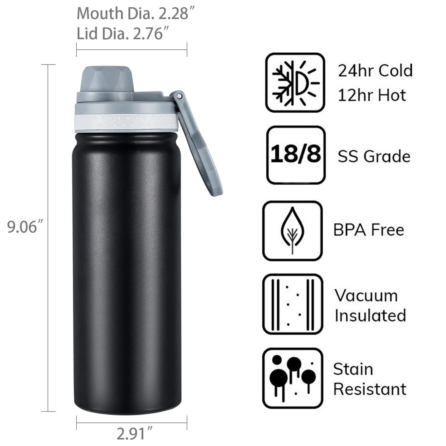 Hytodre Insulated Water Bottle,Stainless Steel Vacuum Insulated Water Bottle, Double-Wall Thermos Water Bottle with Leak Proof Spout and Handle Lid,Black,18oz