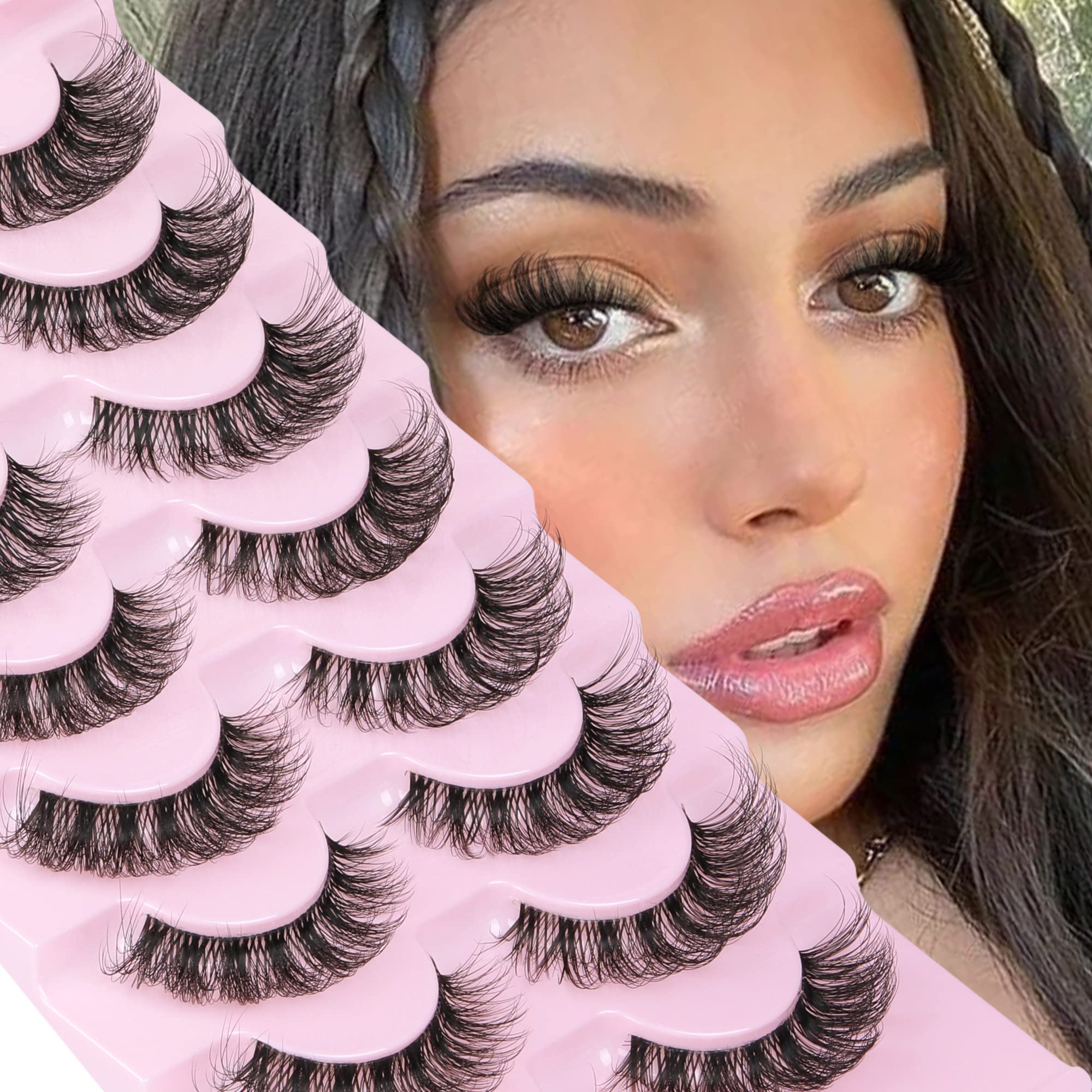 Natural lashes mink cat eye fluffy false lashes D curl Russian strip lashes extension clear band wispy curly fake eyelashes pack 8 pairs