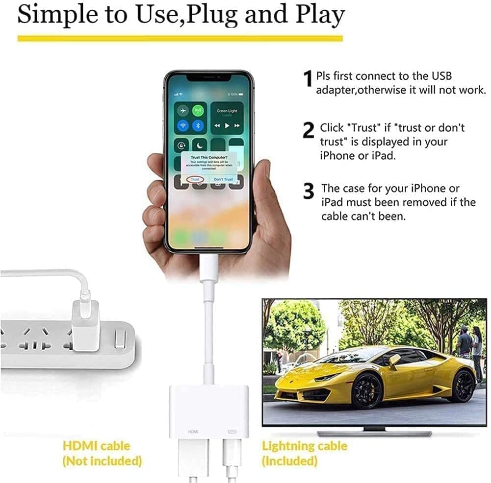 Lightning to HDMI Adapter [Apple MFi Certified] iPhone to HDMI Adapter 1080P Digital AV Adapter Sync Screen Converter with Lightning Charging Port for iPhone, iPad, iPod to TV/Projector/Monitor