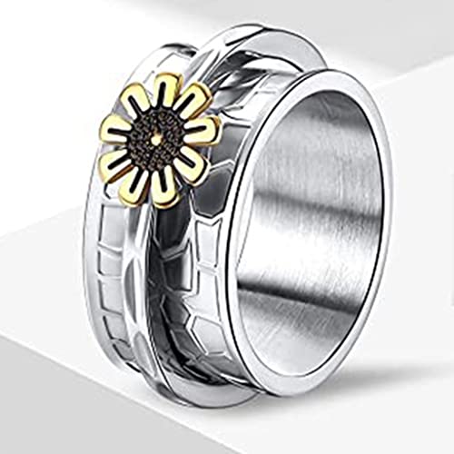 Jude Jewelers Retro Vintage Stainless Steel Hammered Flower Rotating Spinner Anxiety Pressure Relief Ring (Silver Gold, 7)
