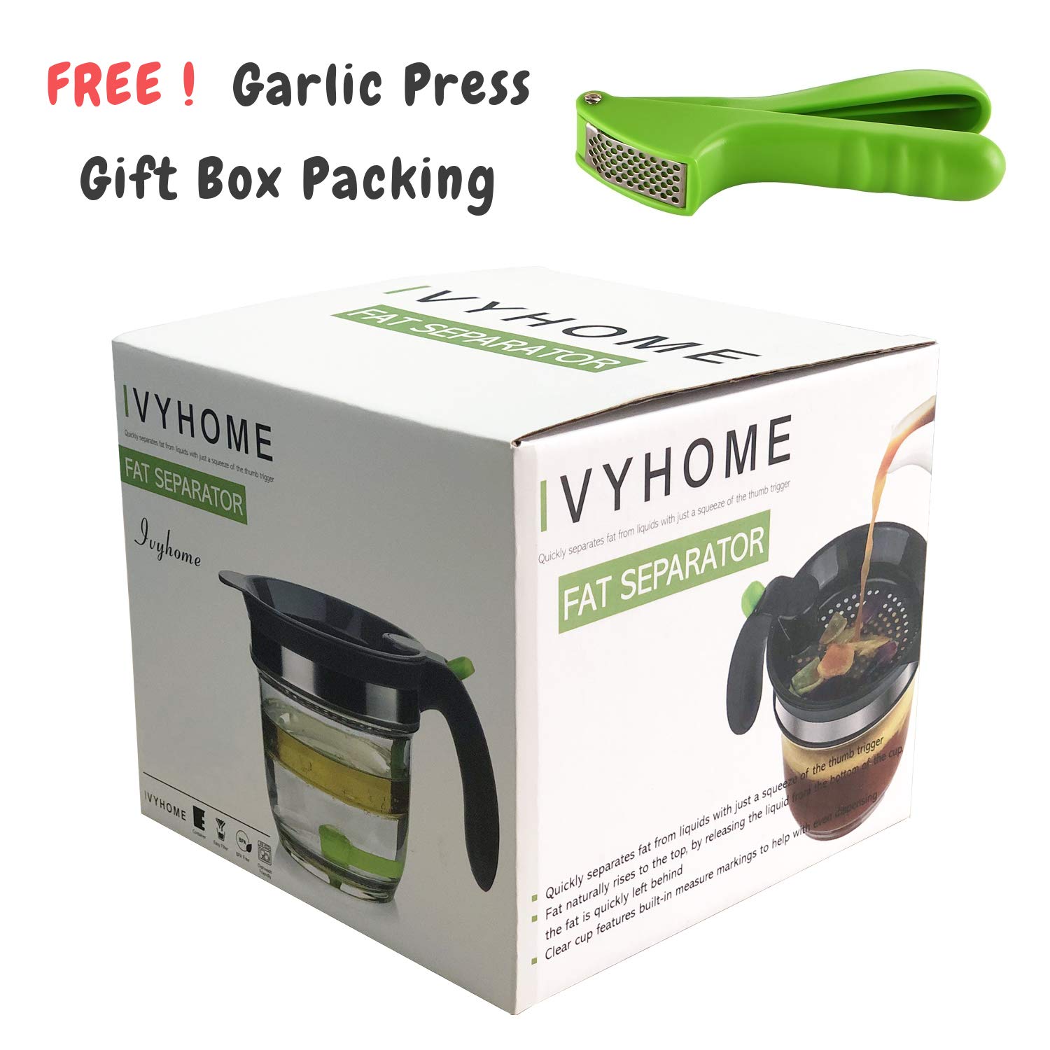 IVYHOME 4 Cups Plastic Fat Separator with Bottom Release, Gravy Grease Separator, Soup Oil Separator Measuring Cup, including a Garlic Press for FREE