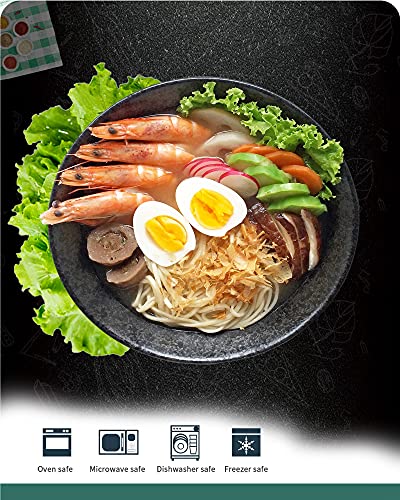 Lareina Ceramic Japanese Ramen Bowls, 2 Sets (6 Piece) 60 Ounce, Large Noodle Soup Bowl with Matching Chopsticks and Spoons for Asian Pho Udon Soba, Matting Black