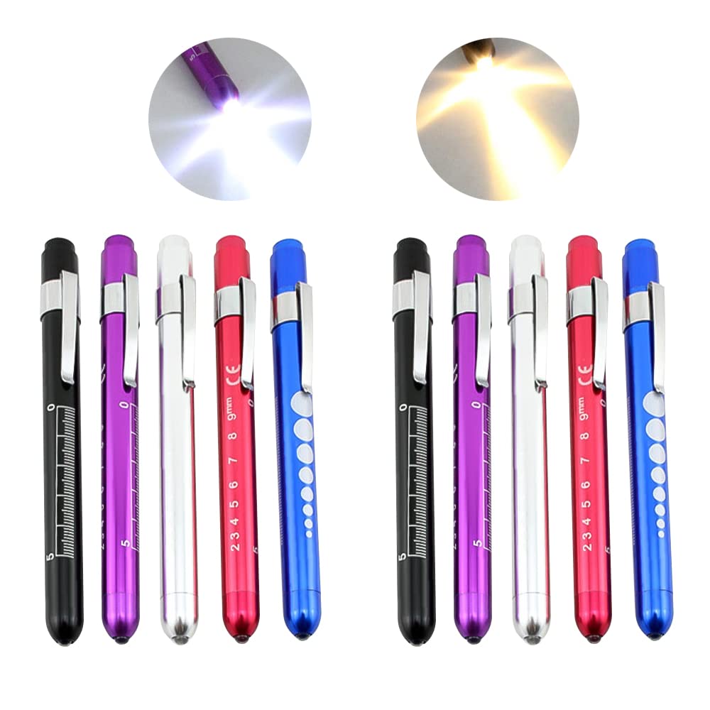 LINNNZI Pen Light for Nurses, 10 Pack LED Medical Pen Light with Pupil Gauge and Ruler - Reusable White & Warm Light LED Torch with Pocket Clip for Students Doctors Daily Use