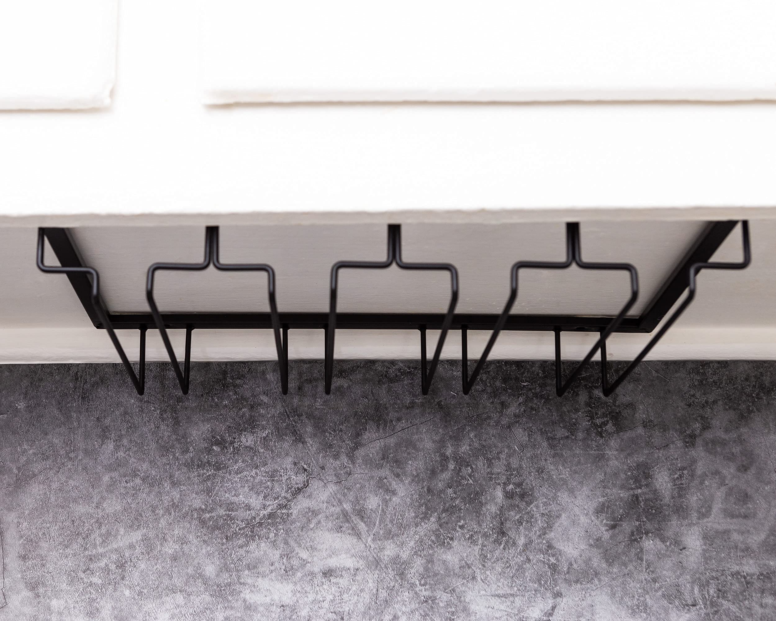Karukera Wine Glass Holder Storage, Add an Organizer Stemware under a Floating Shelf or Cabinet to save Space, Perfect Metal Rack for your Kitchen, Bar or Countertop, with 2 Sets Mugs Holders