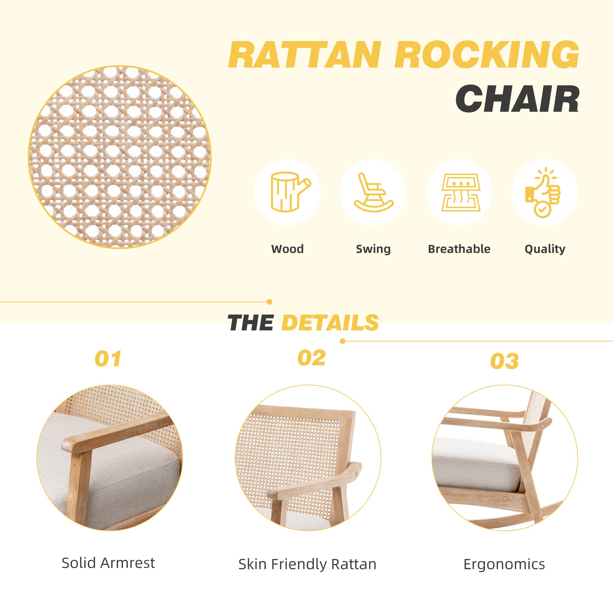 MELLCOM Nursery Rocking Chairs, Upholstered Glider Rocker with Solid Frame and Cushion, Comfy Accent Armchair for Nursery, Living Room and Bedroom