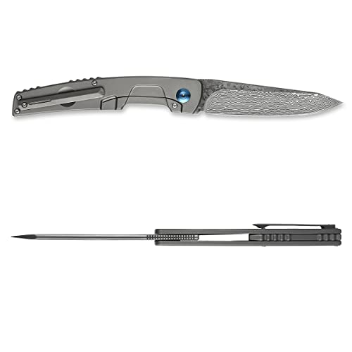 Miki Camping Pocket Folding Japanese Knife, Titanium Handle, Frame Lock, Handmade Damascus Steel Blade, Leather Sheath