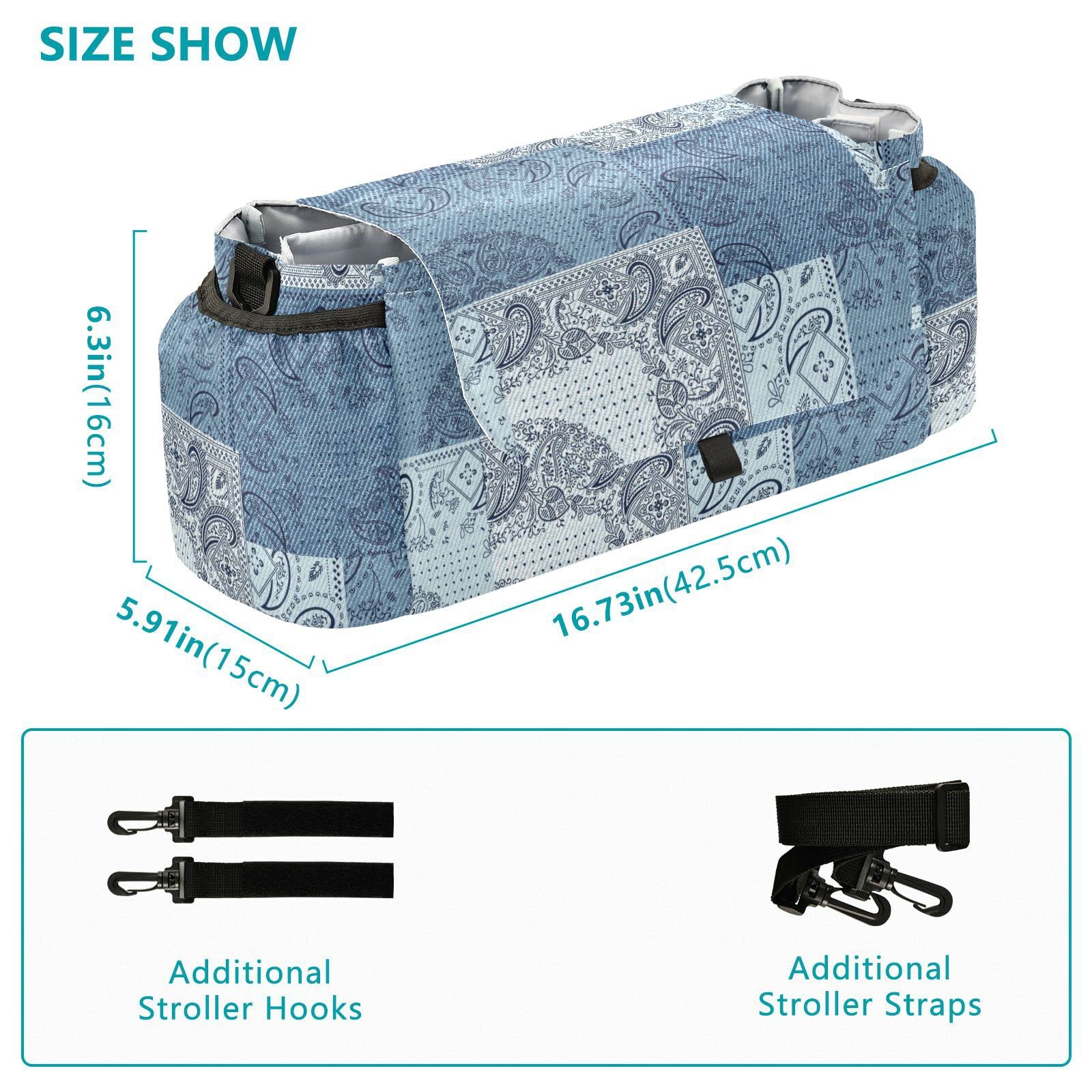 Kigai Denim Patchwork Paisley Baby Stroller Organizer with Cup Holders, Secure Hooks Accessories Adjustable Strap Stroller Bag for Bottle, Diaper, Phone, Toys, Baby Items