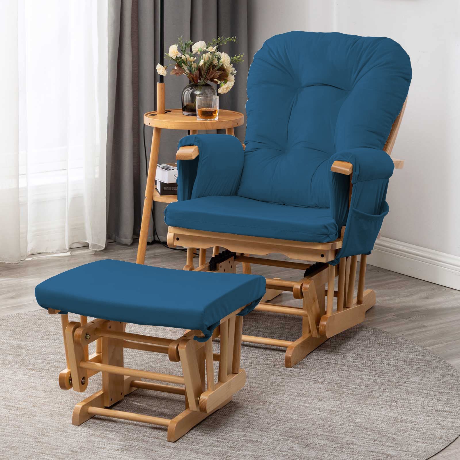 OKAKOPA Vibration Massage Glider Chair Cushions Replacement Set 5PCS, Gorgeous Velvet Replacement Cushions for Glider Rocker Rocking Chair, Back Seat Ottoman Arms (Blue)