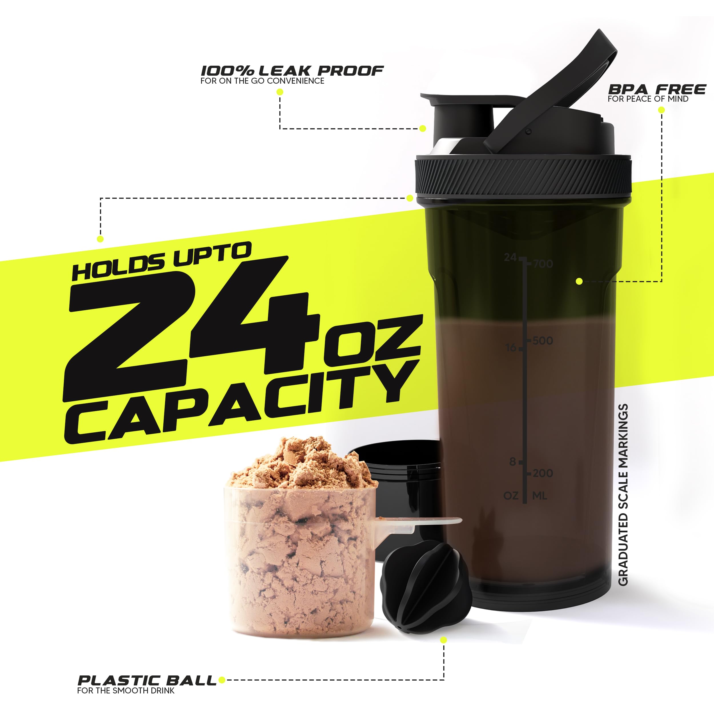 KICHLY Shaker Bottle 1 Pack - 24 Ounce Plastic Protein Shaker Bottle for Pre & Post workout with Twist & Lock Protein Box Storage (Black)