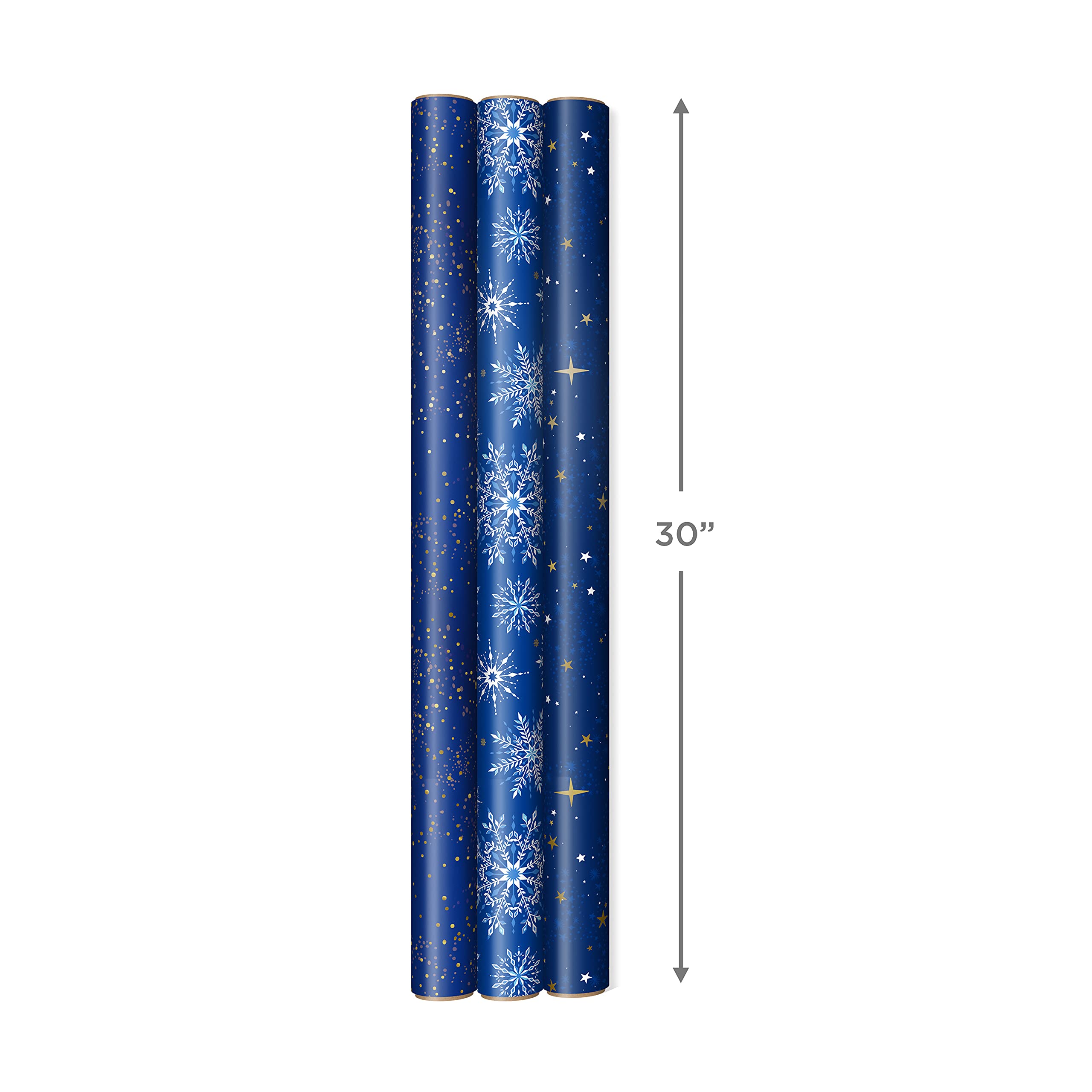 Hallmark Blue Wrapping Paper with Cut Lines on Reverse (3 Rolls: 120 sq. ft. ttl) Starry Snowflakes, Winter Galaxy, Navy Blue, Gold for Birthdays, Graduations, Winter Weddings