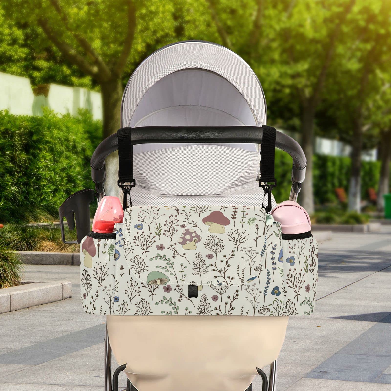 Kigai Mushroom Twig Baby Stroller Organizer with Cup Holders, Secure Hooks Accessories Adjustable Strap Stroller Bag for Bottle, Diaper, Phone, Toys, Baby Items