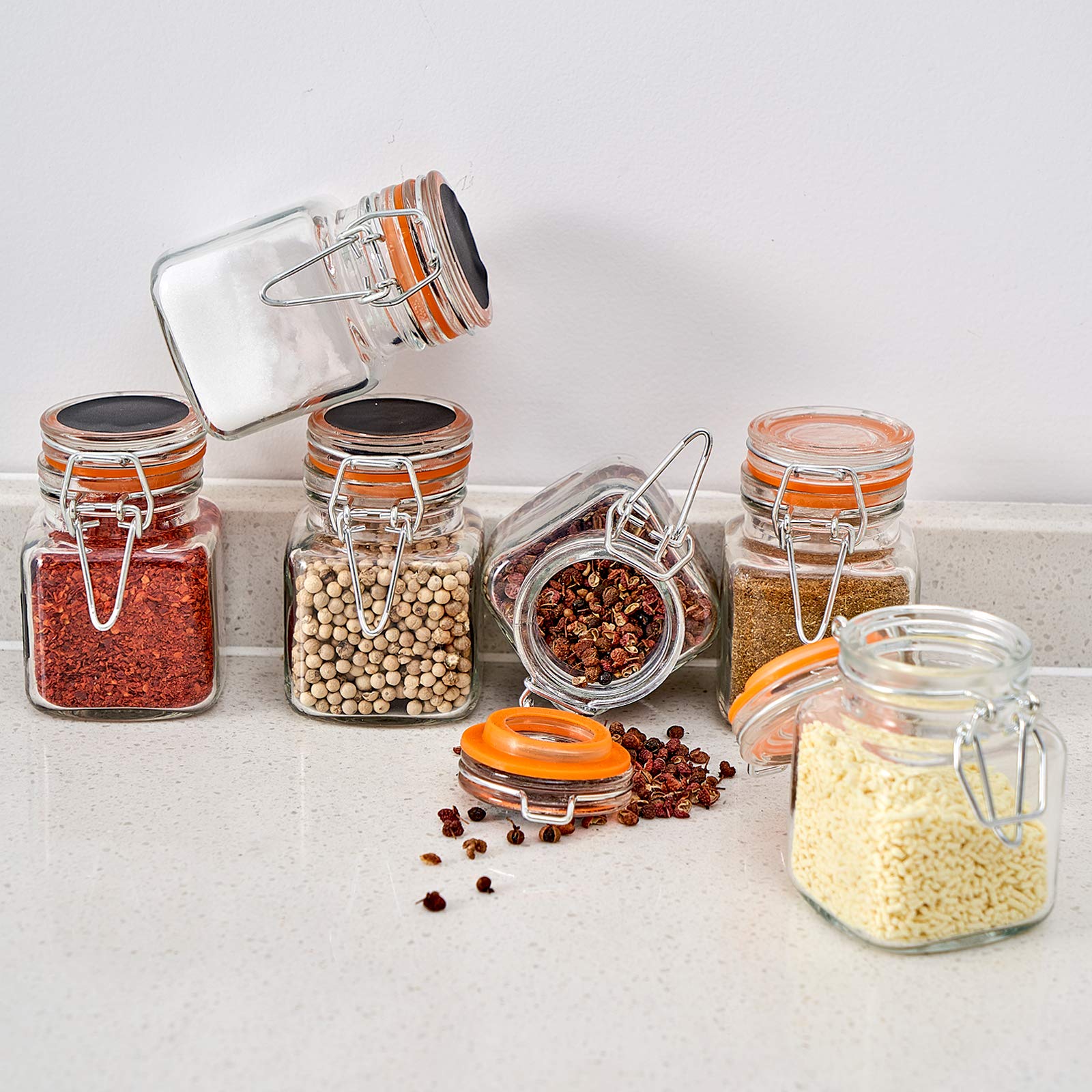 Homelike Style 3.4 oz Small Glass Spice Jars, Empty Mini Square Glass Spice Bottles with Airtight Flip Top Lids, Chalkboard Labels and Collapsible Funnel for Home and Kitchen-24 Pack