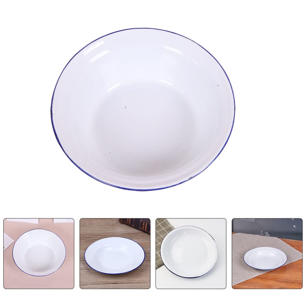 Ipetboom Enamel Plates 2pcs Enamelware Dinner Serving Platter Trays Retro White Round Shallow Bowls Vintage Enamel Basin Mixing Bowls with Blue Rim 18CM