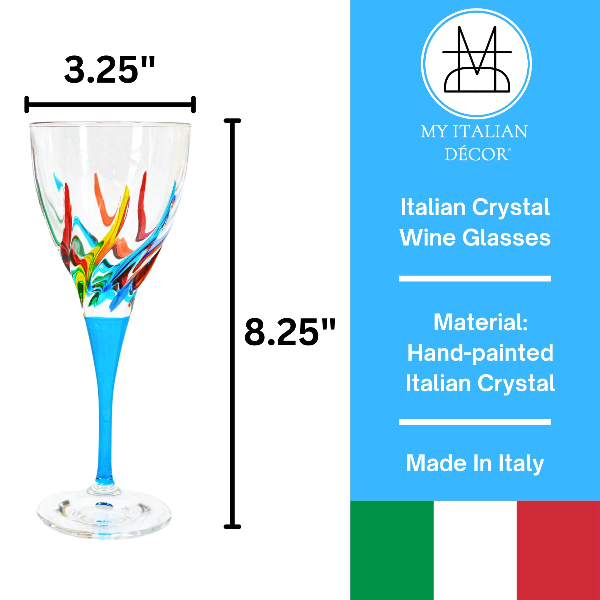 Italian Crystal Trix Wine Drinking Glasses, Set of 2, 8 oz Glasses, Elegant Stemware, Hand Blown Wine Glasses, Crystal Wine Glasses for White or Red Wine, Wedding Glasses, Made in Italy