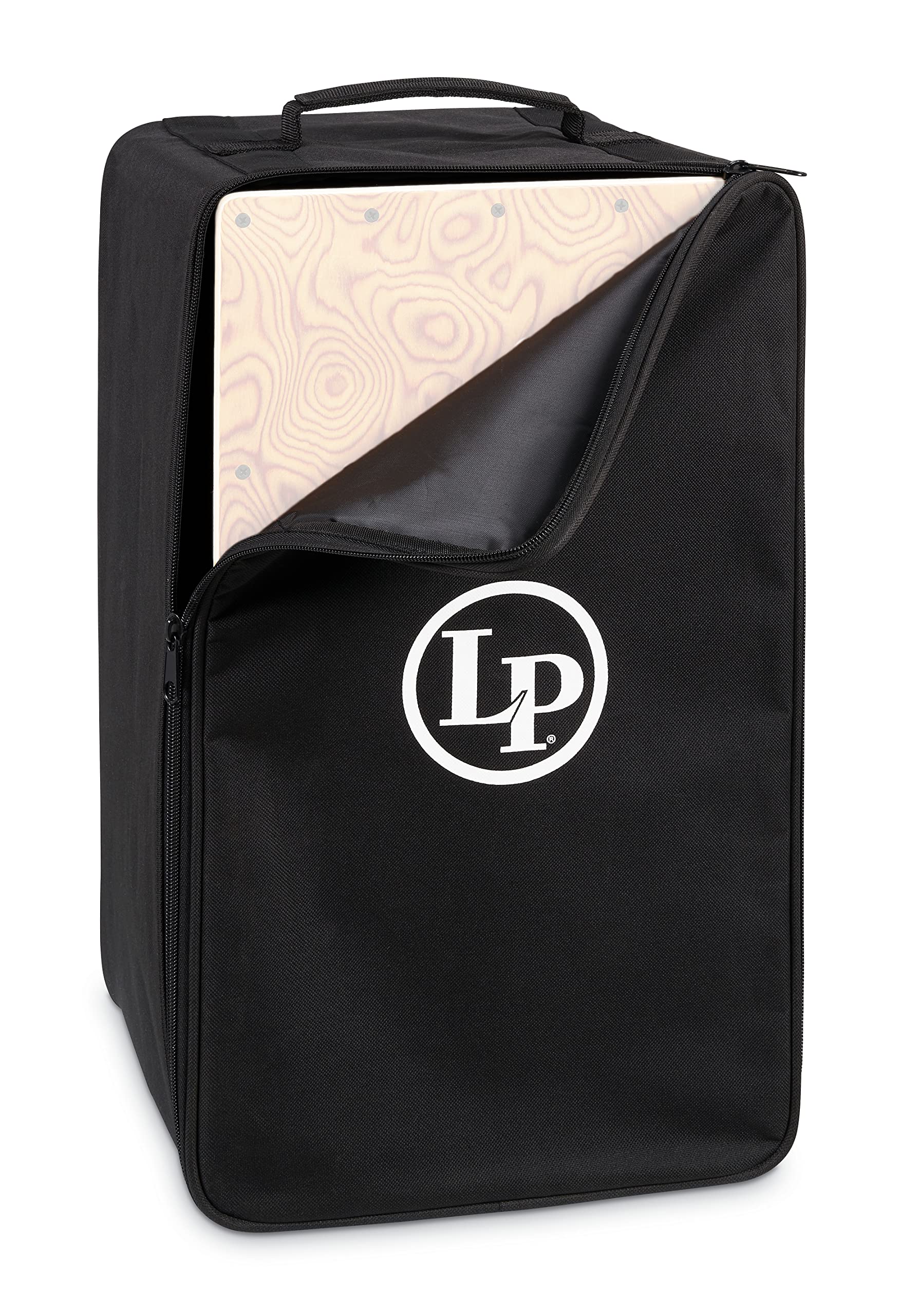 Latin Percussion Box Exotic Cajon, Black with Figured Cerice Craftwood Soundboard, H-19” W-11” D-10” (LP1428NYFC-K)