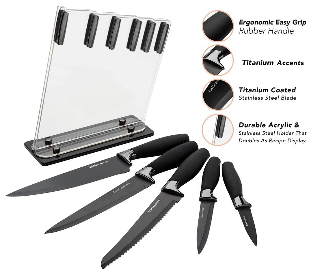 Luxhomewares 6 Piece Knife Set | 5 Beautiful Black Titanium Knives with Block Sharp Kitchen Sets Multiple Size, All Purpose 8 inch Chef, Bread, & Carving Utility Paring