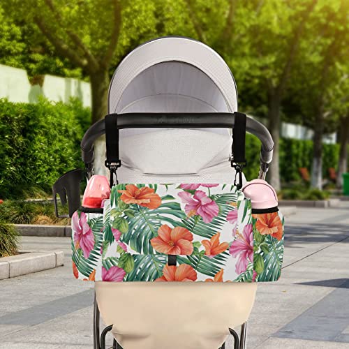 Kigai Tropical Palm Flower Baby Stroller Organizer with Cup Holders, Secure Hooks Accessories Adjustable Strap Stroller Bag for Bottle, Diaper, Phone, Toys, Baby Items