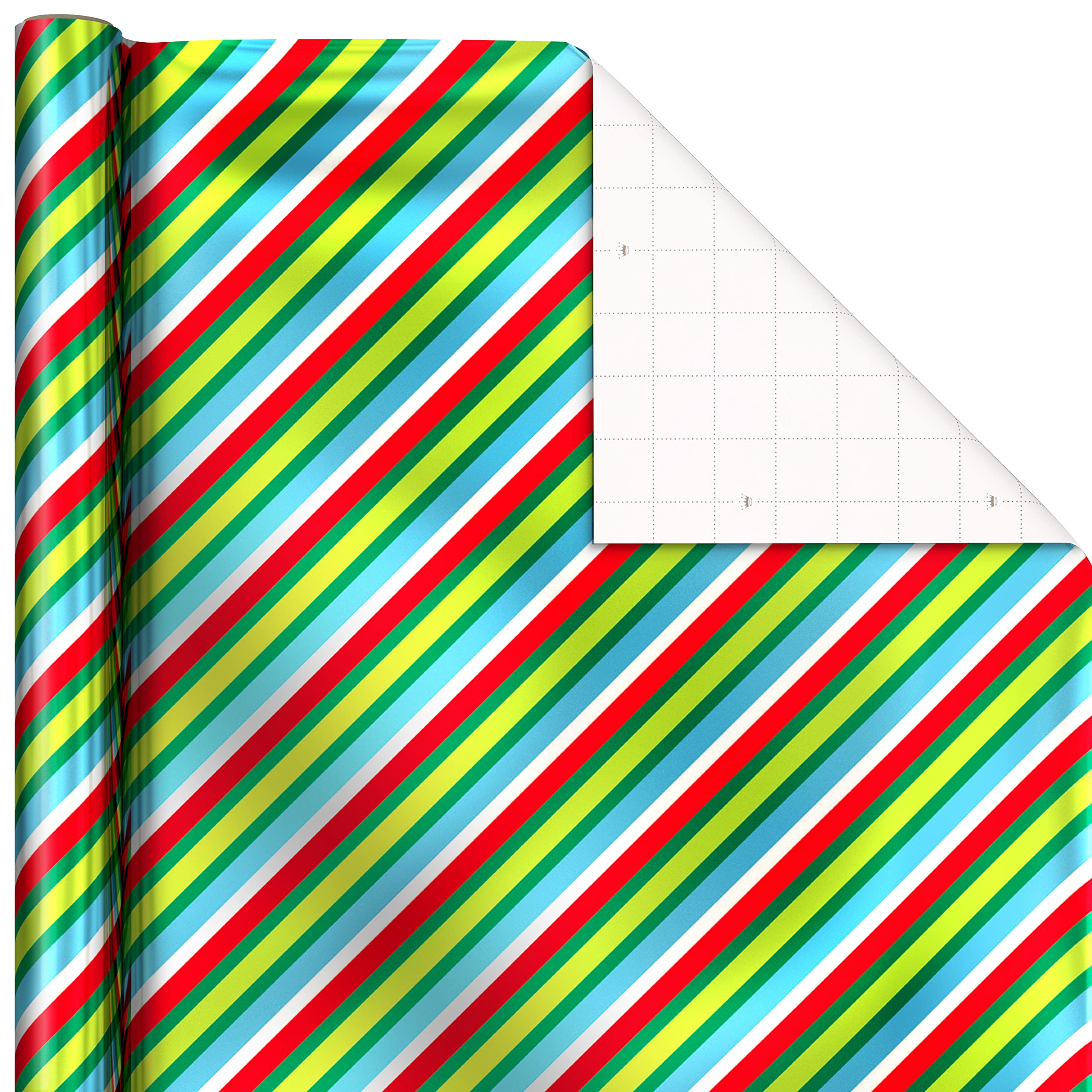 Hallmark Foil Christmas Wrapping Paper with Cut Lines on Reverse (3 Rolls: 60 sq. ft. ttl) Cute Santa, Colorful Candy Canes, Blue, Green, Red Stripes