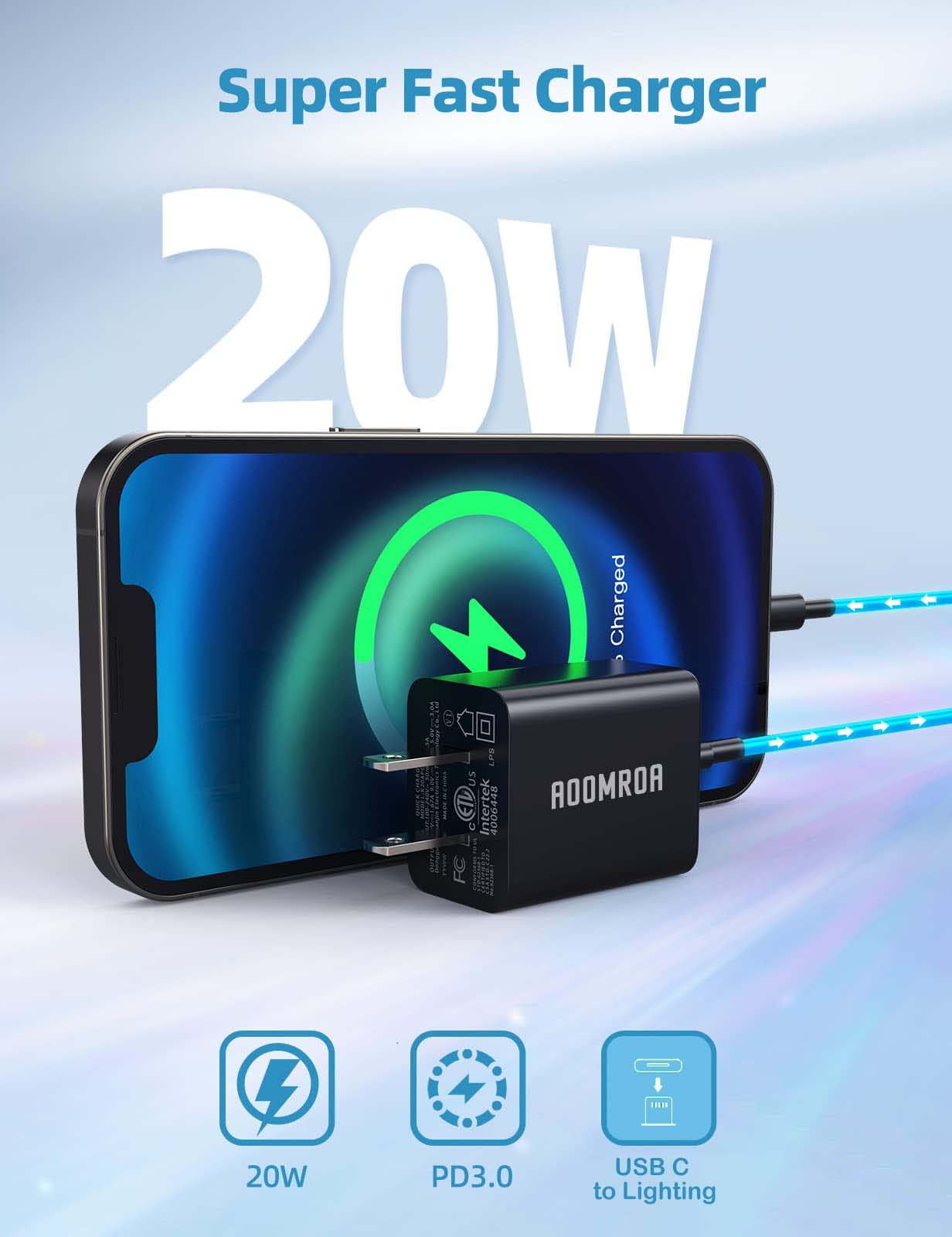 iPhone Super Fast Charger, 3 Pack 20W USB C Wall Charger with 3 Pack 6ft USB C to Lightning Quick Charging Cables, Compatible with iPhone 14/13/13Pro/12/12 Pro/Max/11/11Pro/XS/Max/XR/X/8/8Plus 1
