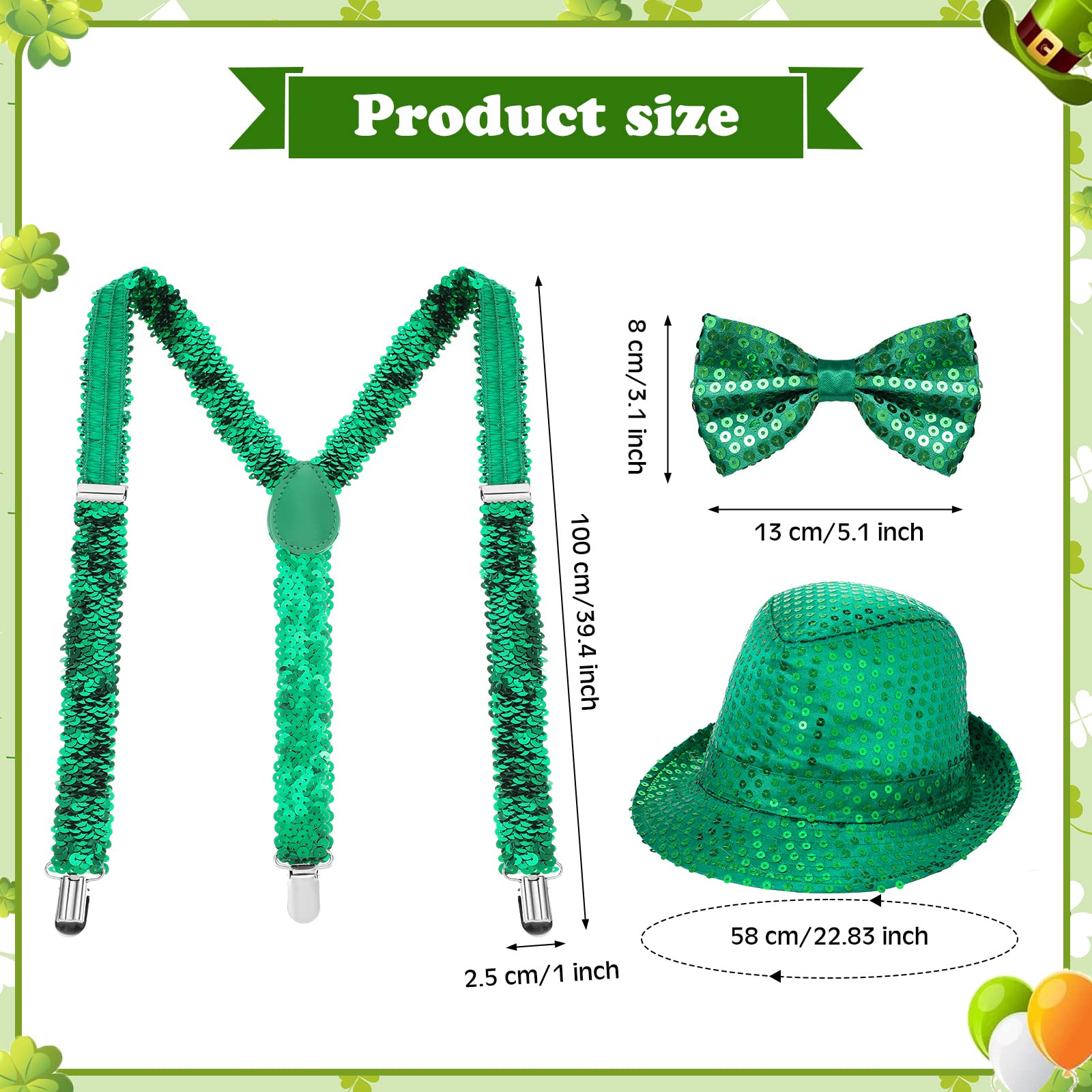 Jeyiour 3 Pcs St Patrick's Day Sequin Hat, Suspender and Bow Tie St Patrick's Day Costume Set Irish Party Fancy Cap Y Shape Adjustable Green Suspenders Bow Tie for Men Women