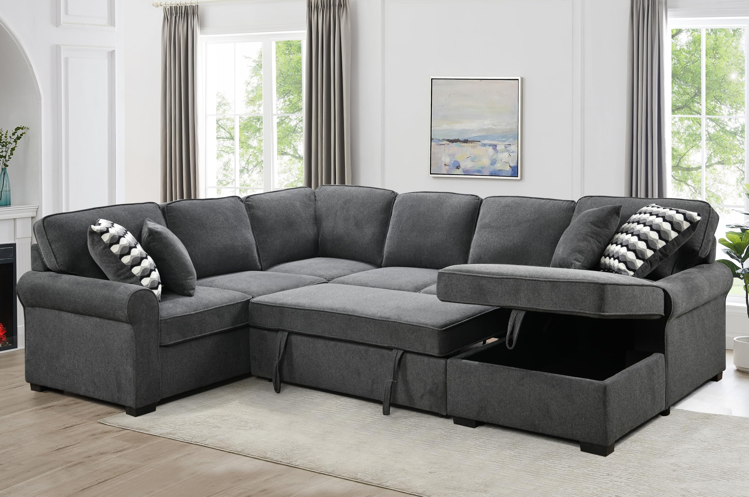 RENDGO 117" U Shape Sectional Sleeper Sofa Bed with Storage Chaise for Large Space Dorm Apartment,Beige, 7 Seater