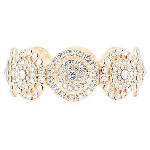 Lavencious Round Shape Elastic Stretch Bracelet Paved with Rhinestones Bridal Wedding Jewelry for Women 7"(Gold Clear)