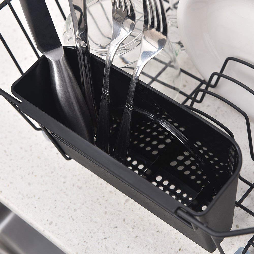 IKEBANA Black Simplicity Dish Drying Rack, Stainless Steel Dish Racks Rustproof for Kitchen Counter, Kitchen Chrome Finish Wire Dish Rack, Small Dish Drainer Rack with Removable Cutlery Holder