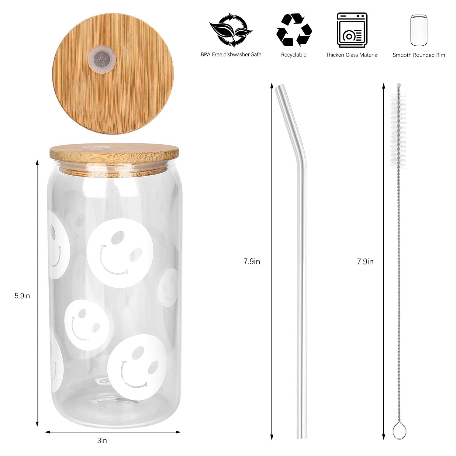 KAUND Ice Coffee Cup with Bamboo Lids and Glass Straw,16oz Sublimation Boho Printed Beer Can Glasses,Ideal for Cocktails,Whiskey,Beer,Soda and Gifts(C01-rainbow