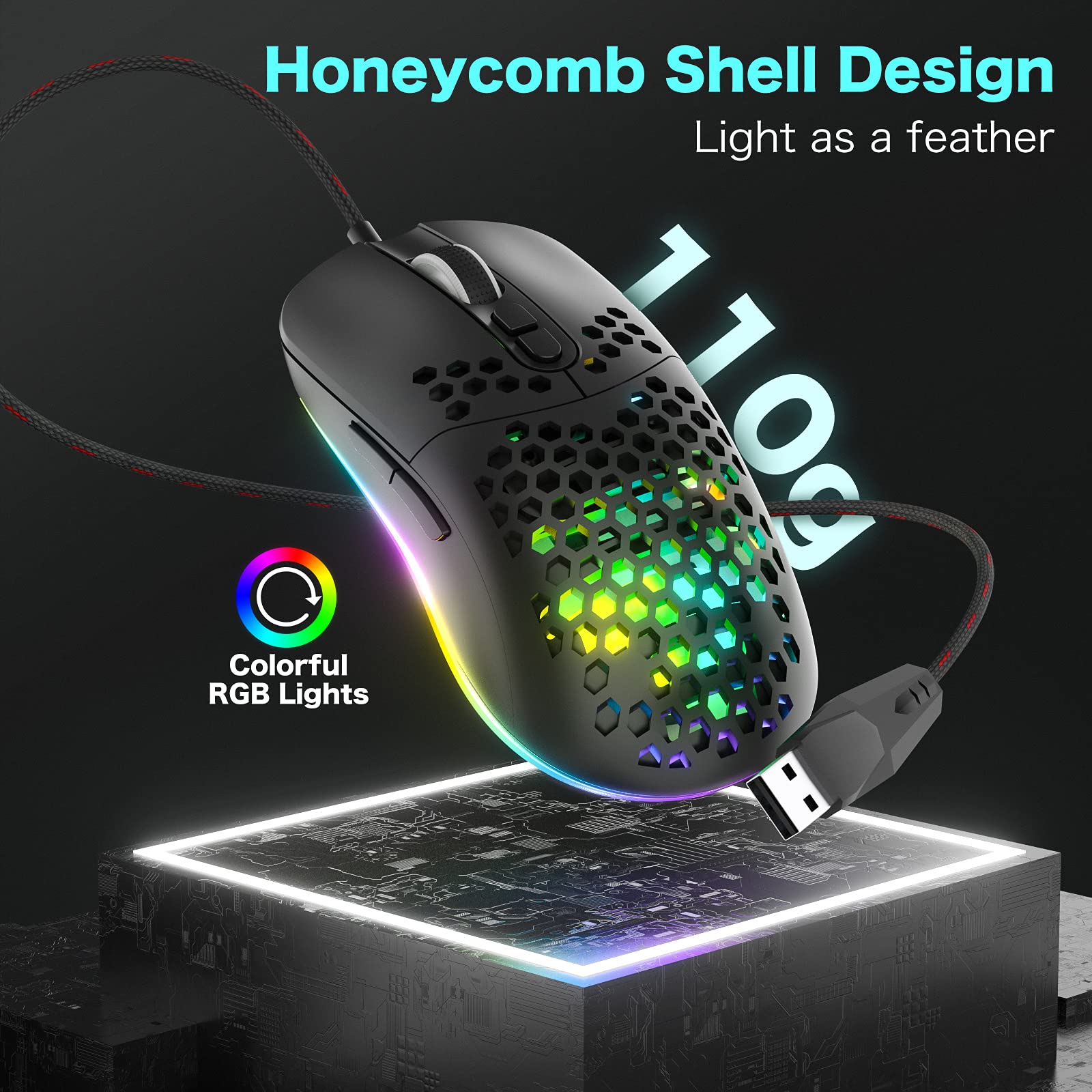 K KOMOI RGB Honeycomb Wired Mouse, Ultra Lightweight LED Wired Computer Mouse with 7 Buttons, Ergonomic USB Mouse for PC, Laptop, Computer Gamers (Black)