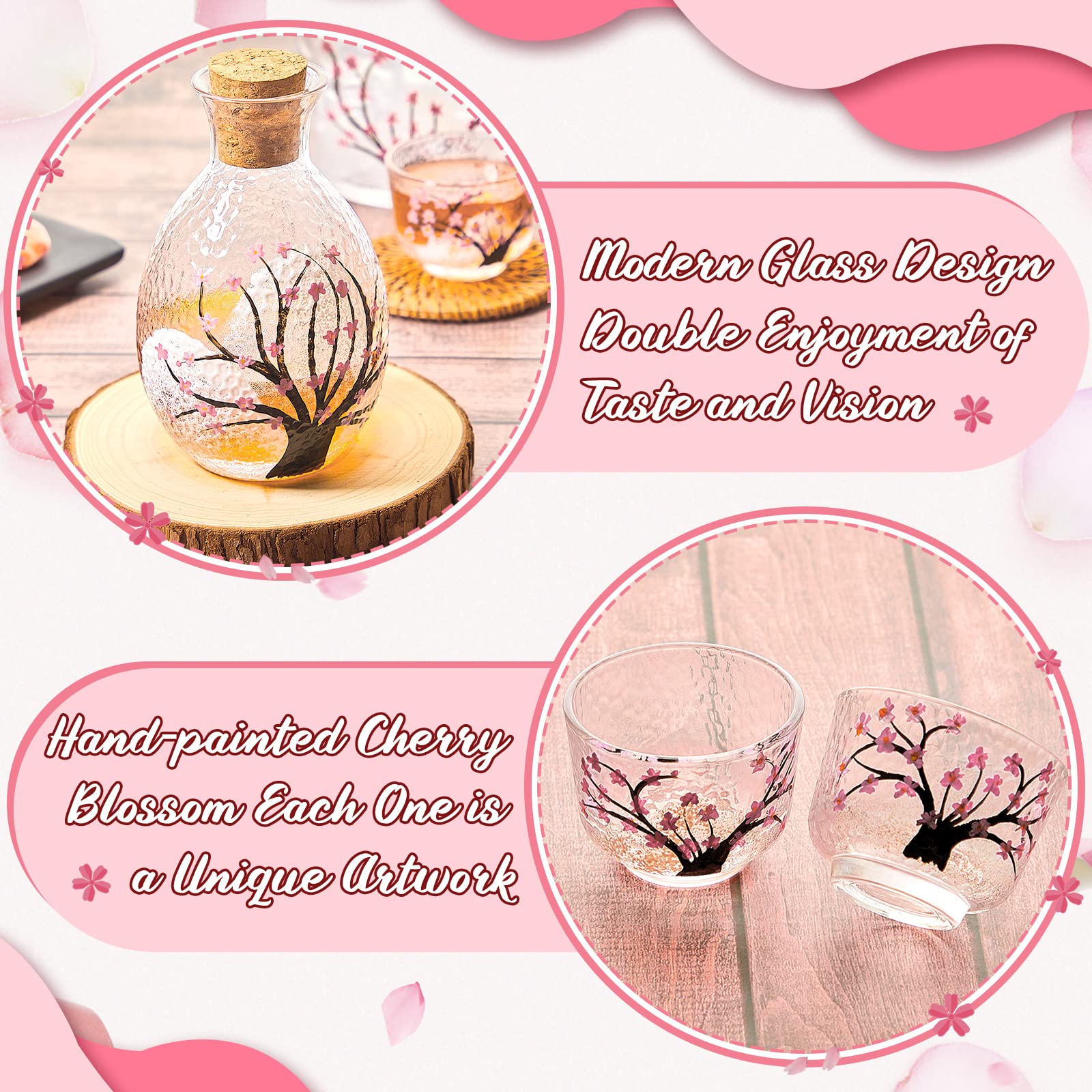 Irenare 6 Pieces Japanese Sake Set Saki Cup Set Pink Cherry Blossoms Sake Bottle Cup Set for 4, Including 1 Sake Bottle 1 Sake Tank and 4 Sake Cups for Cold Hot Warm Sake Carafe, Japanese Gifts Set