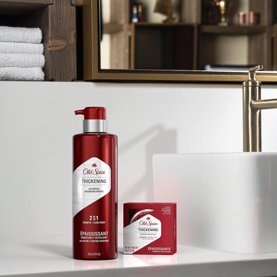 Old Spice Men's Thickening 2-in-1 Shampoo and Conditioner with Biotin and Menthol (17.9 Fl Oz) & Thickening Styling Pomade Infused with Biotin Bundle (2.22 Oz)