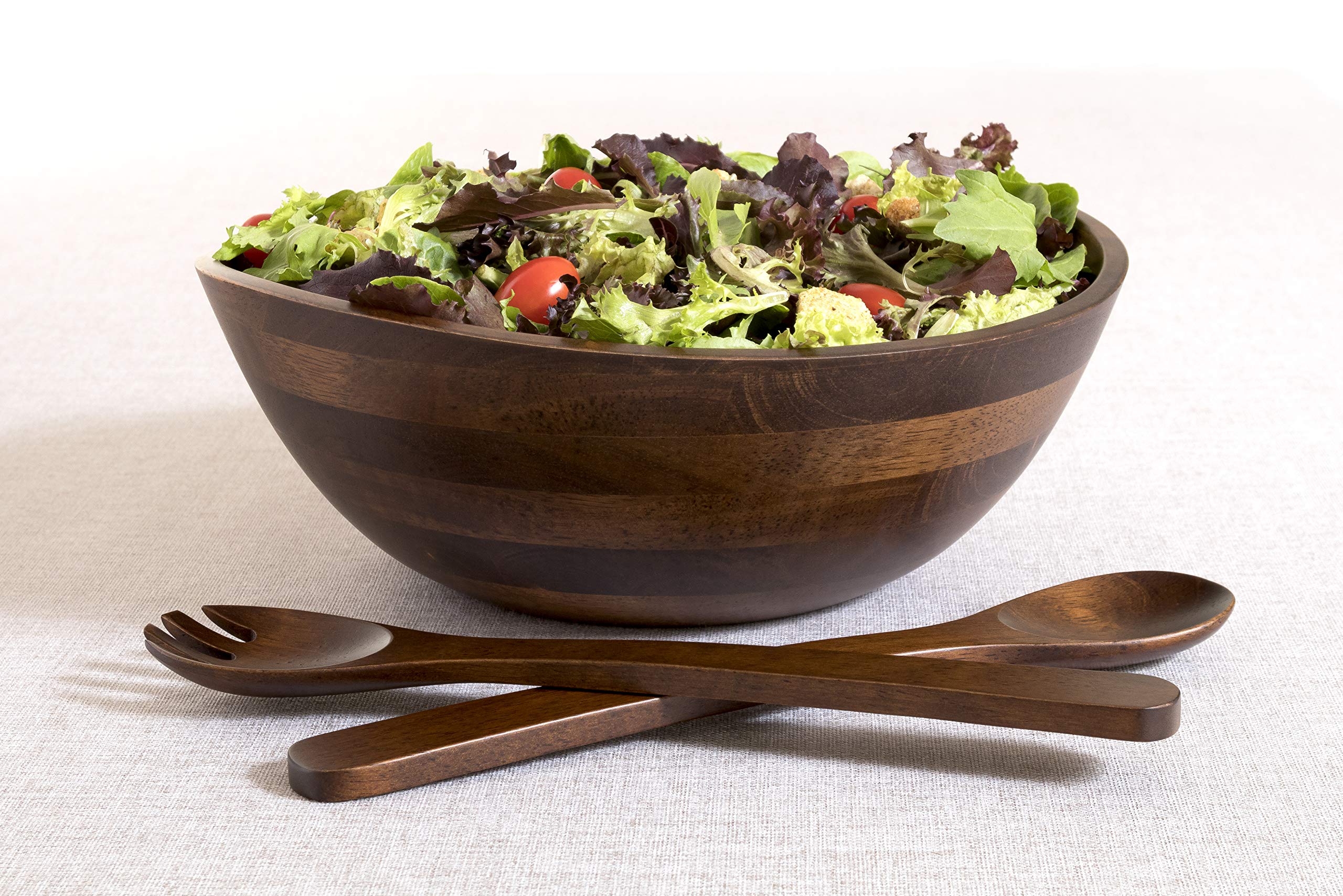 Lipper International Walnut Matte Bowl w/Wavy Rim 13" with Pair of 12" Salad Servers