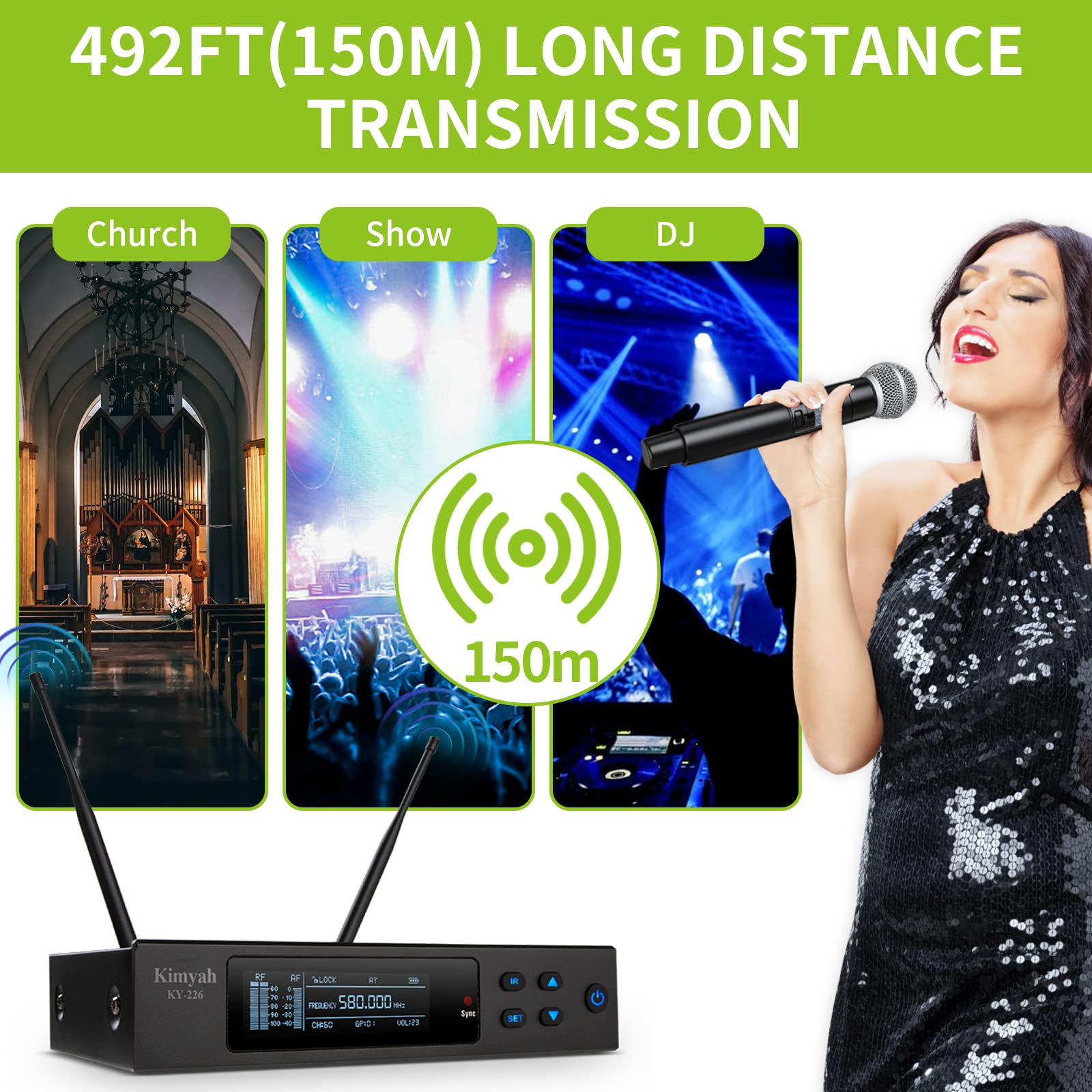Kimyah True Diversity 492ft Wireless Handheld Microphone System, 100 Channels UHF Cordless Microphone for singing, Auto IR Connect Microphone Wireless & System Suitable for Church, Wedding,DJ, Karaoke