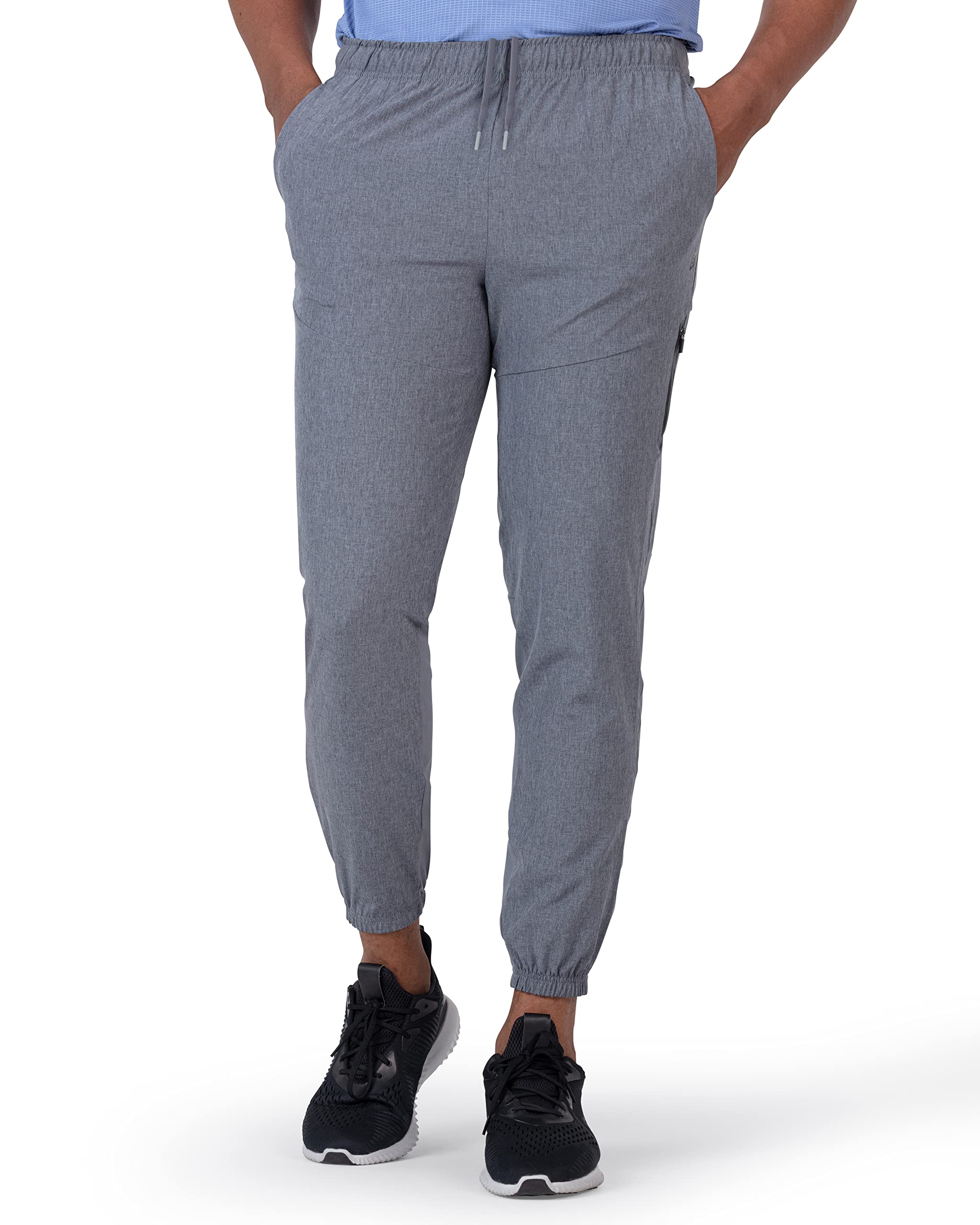Layer 8 Men’s Joggers Woven Lightweight Athletic Gym to Work Stretch Sweatpants with Pockets and One Zip Pocket (Medium Grey Heather, X-Large)