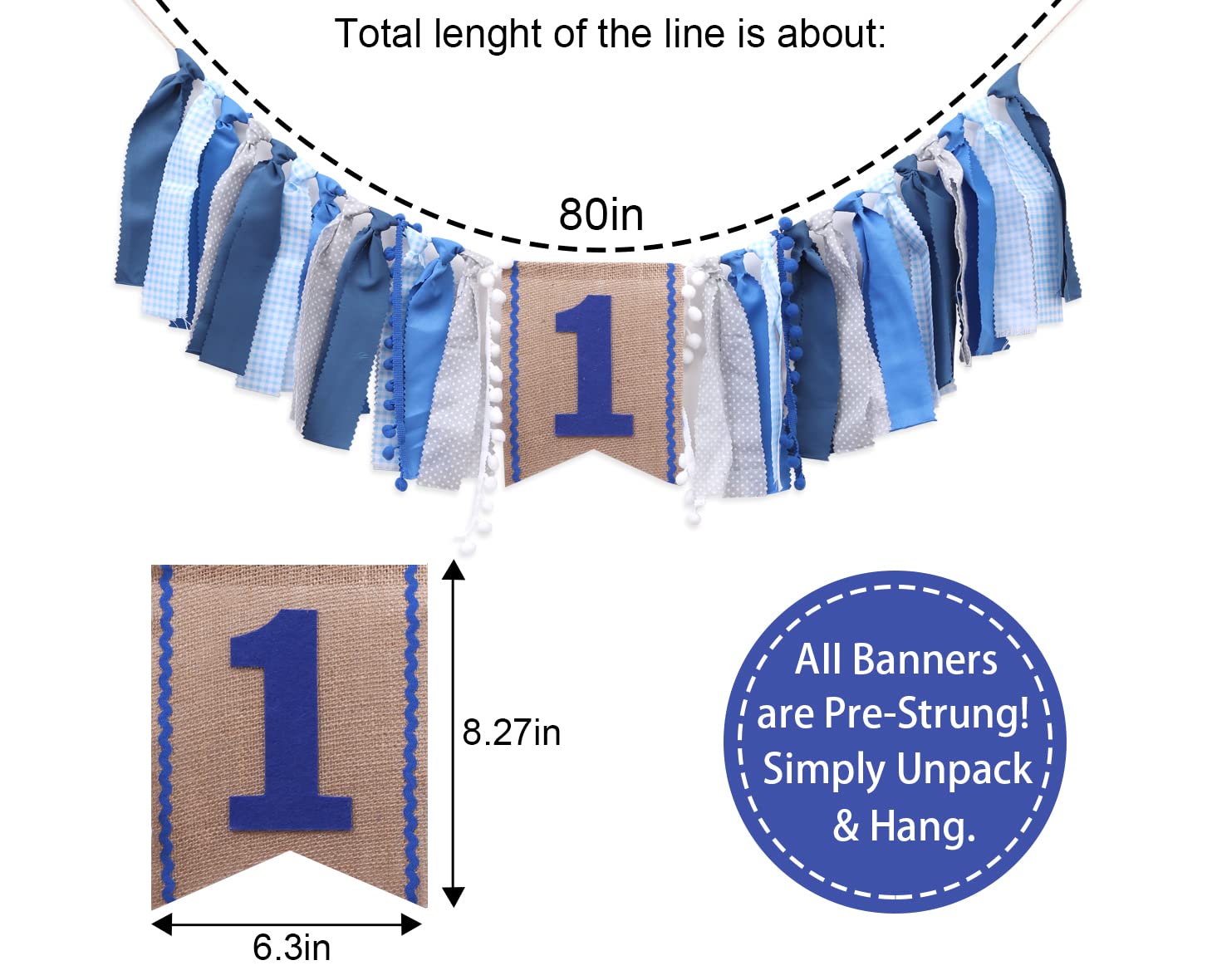 High Chair Banner Boy - First Birthday Decorations For Boy 1st Birthday Banner Highchair Party Supplies Photo Booth Props(Blue White)