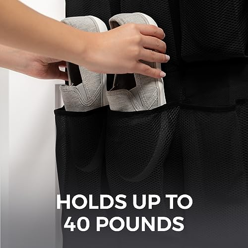 HOME GENIE 24 Pocket Strong Space Saving Over Door Shoe Organizer, Holds Up to 40 Pounds, Stay In Place Hooks Large Breathable Mesh Pocket Hanging Behind Closet Caddy Holder, Cabinet Rack, Black