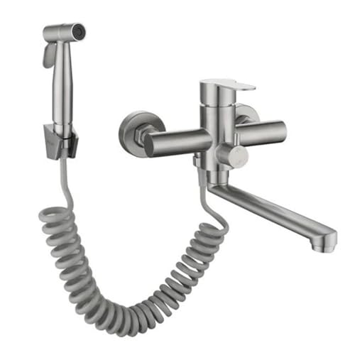 LKBEJMYY Stainless Steel Kitchen Brushed Extension 2 Functions Wall-Mounted Bathtub Mixing Valve Shower Faucet Hand Spray (Color : Faucet Set-1)