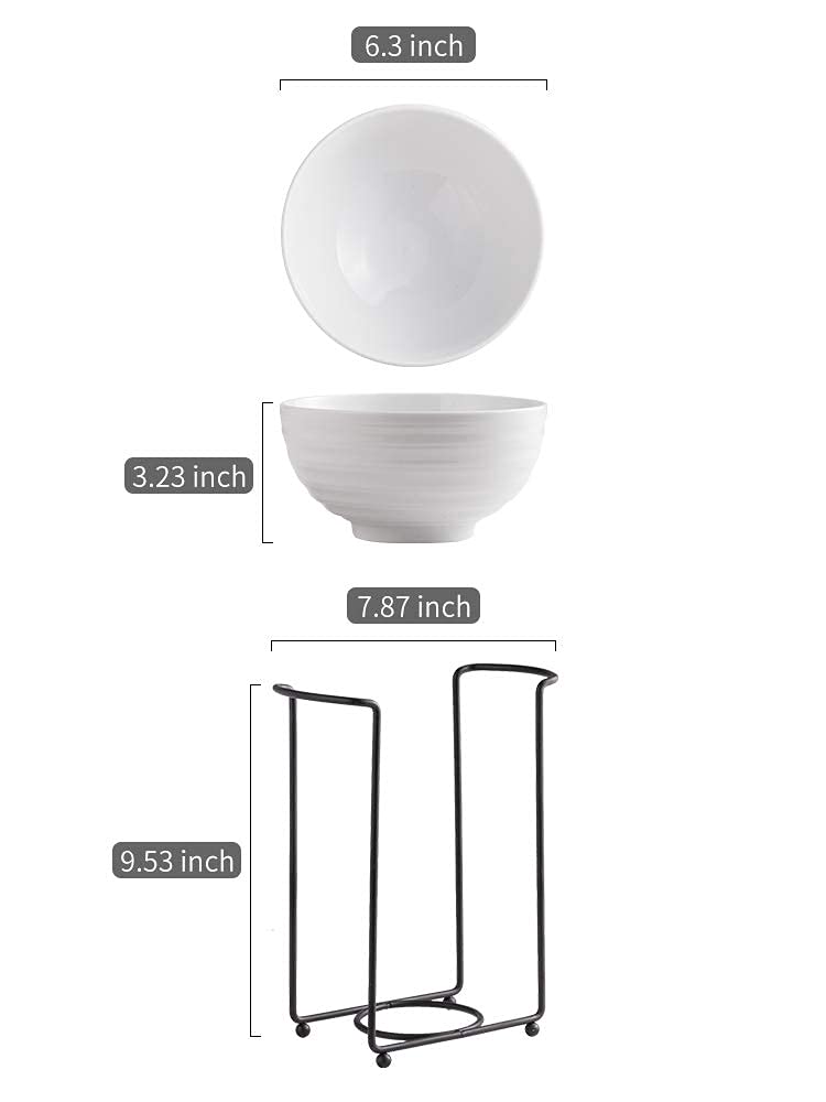 LAUCHUH Stackabel Bowl Set Porcelain Soup Bowls 28 Ounces Cereal Bowl Set with Serving Stand Large Bowl Porcelain Cereal Soup Salad with Bowl Organizer, 6 pack