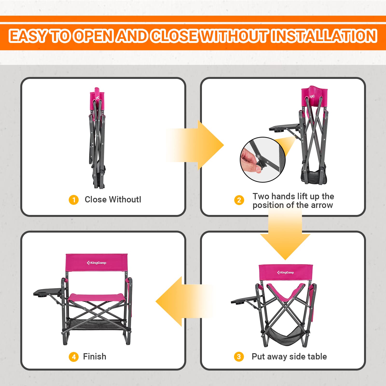 KingCamp Directors Side Table Heavy Duty Support 300LBS Adults with Pockets Outdoor Portable Folding Camp Chair for Beach, Fishing,Trip,Picnic,Lawn,Concert, Oversized, 1-Pink