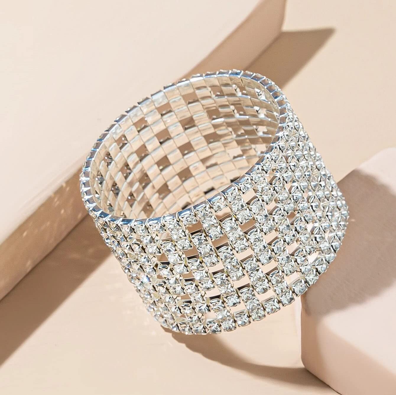 Jojomina Antique Silver Crystal Stretch Cuff Bracelet for Women Multilayer Adjustable Rhinestone Bangle Bracelet for Party and Prom